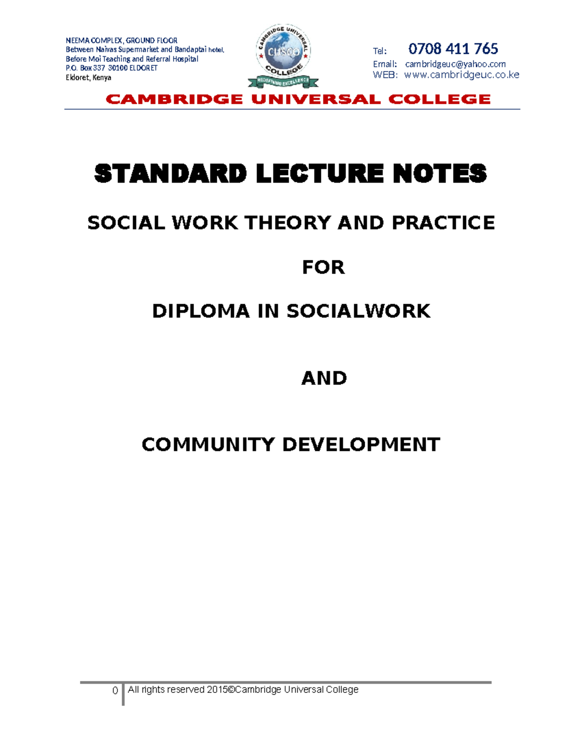 Social Work NOTEs - STANDARD LECTURE NOTES SOCIAL WORK THEORY AND ...