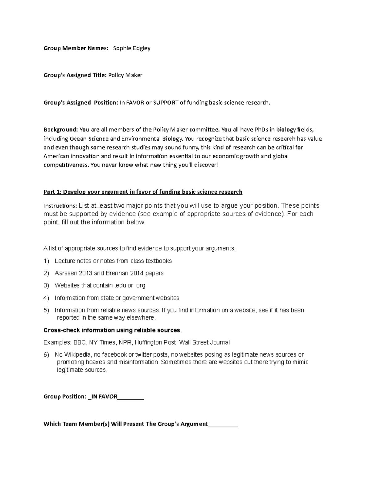 Basic Science Debate in class - Group Member Names: Sophie Edgley Group ...