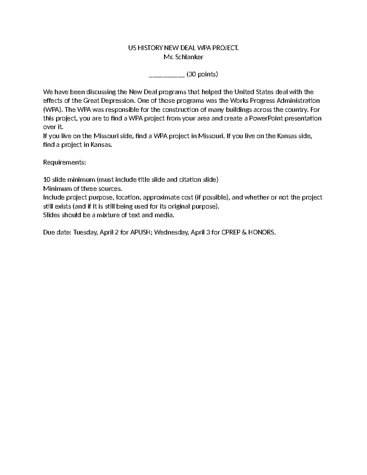 US History NEW DEAL WPA Project - US HISTORY NEW DEAL WPA PROJECT. Mr ...