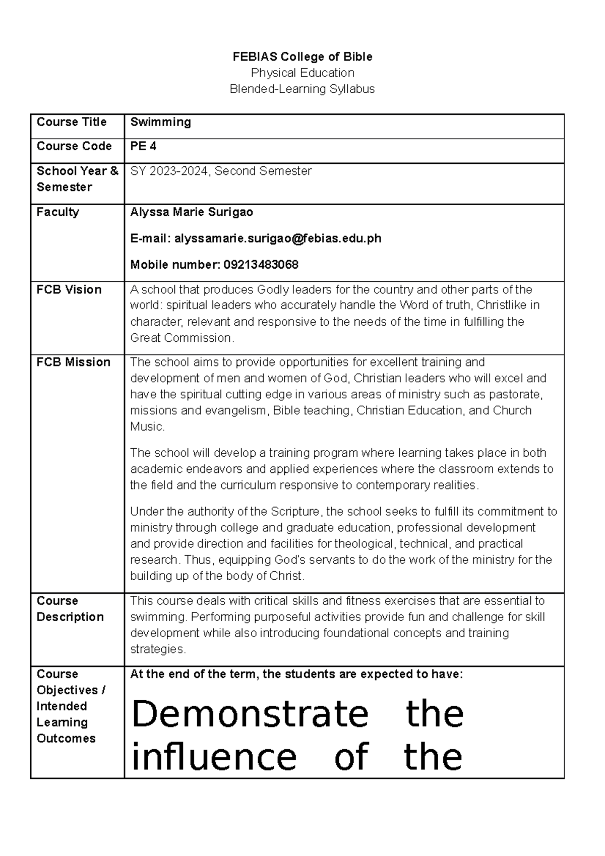 Surigao-Syllabus PE4 Swimming - FEBIAS College of Bible Physical ...