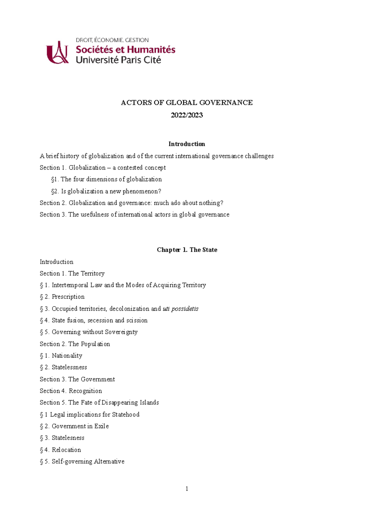 Plan du cours Actors Global Governance - ACTORS OF GLOBAL GOVERNANCE ...