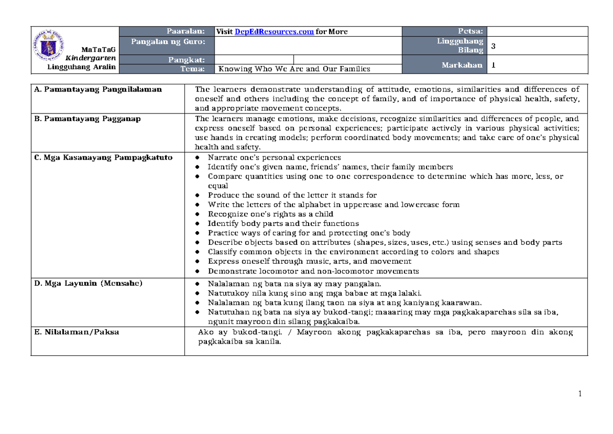 DLL Kindergarten Q1 W3 - used - MaTaTaG Kindergarten Lingguhang Aralin ...