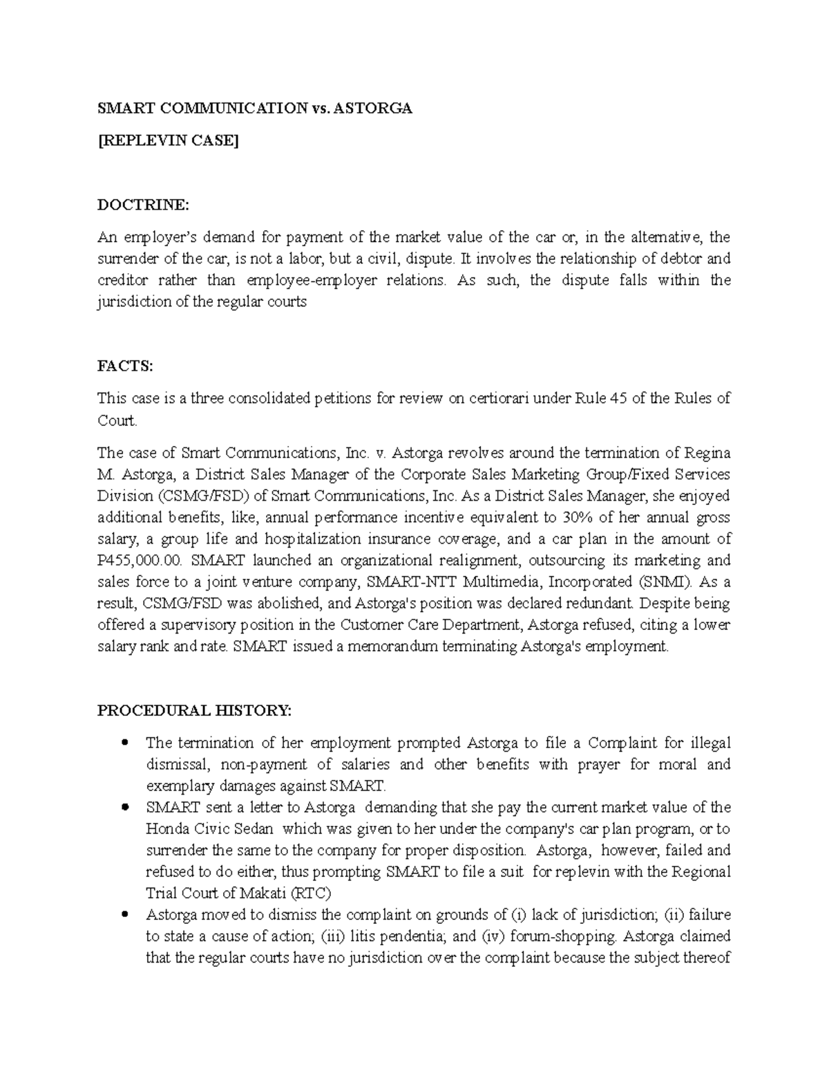 [ Replevin] Case Digest Smart Comm v. Astorga - SMART COMMUNICATION vs ...