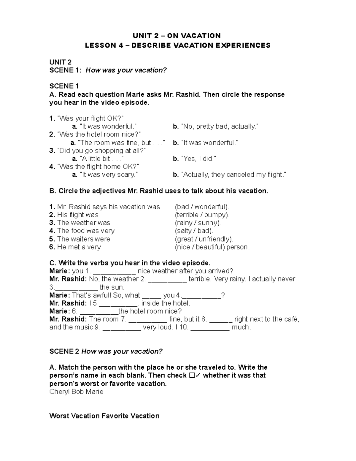 Handout 9 UNIT 2 Lesson 4 M - UNIT 2 – ON VACATION LESSON 4 – DESCRIBE ...