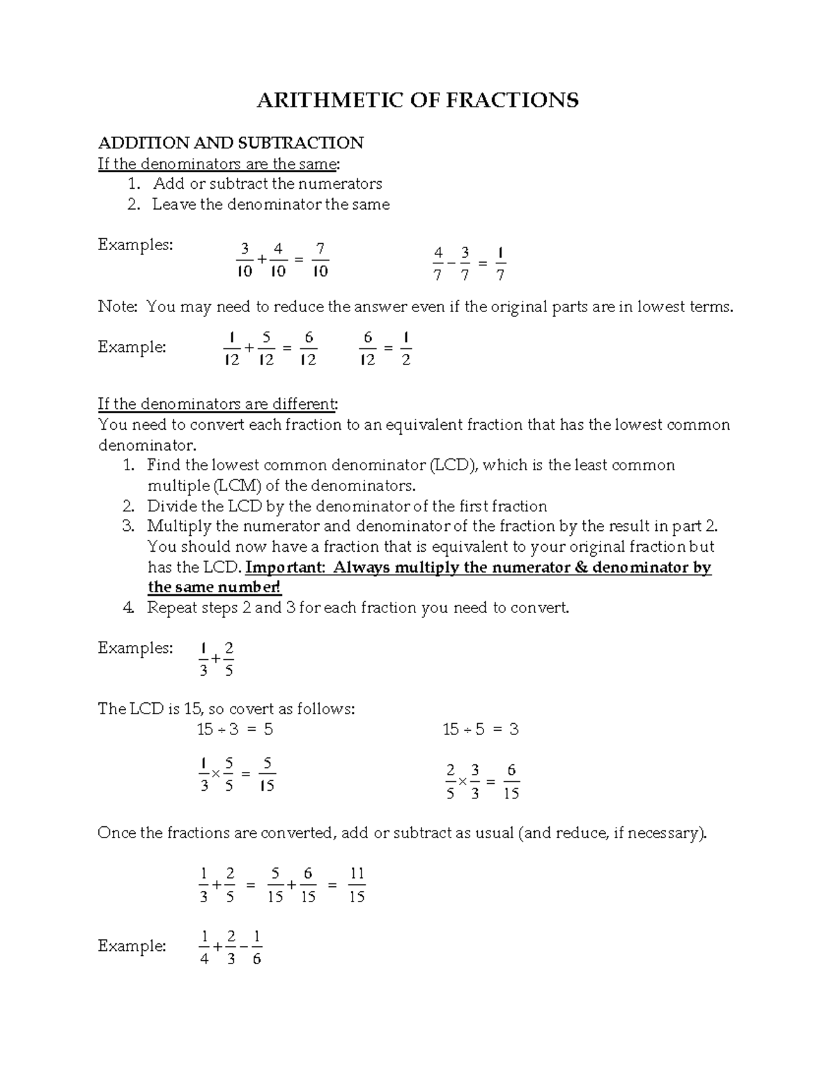 Arithmetic Of Fractions ARITHMETIC OF FRACTIONS ADDITION AND