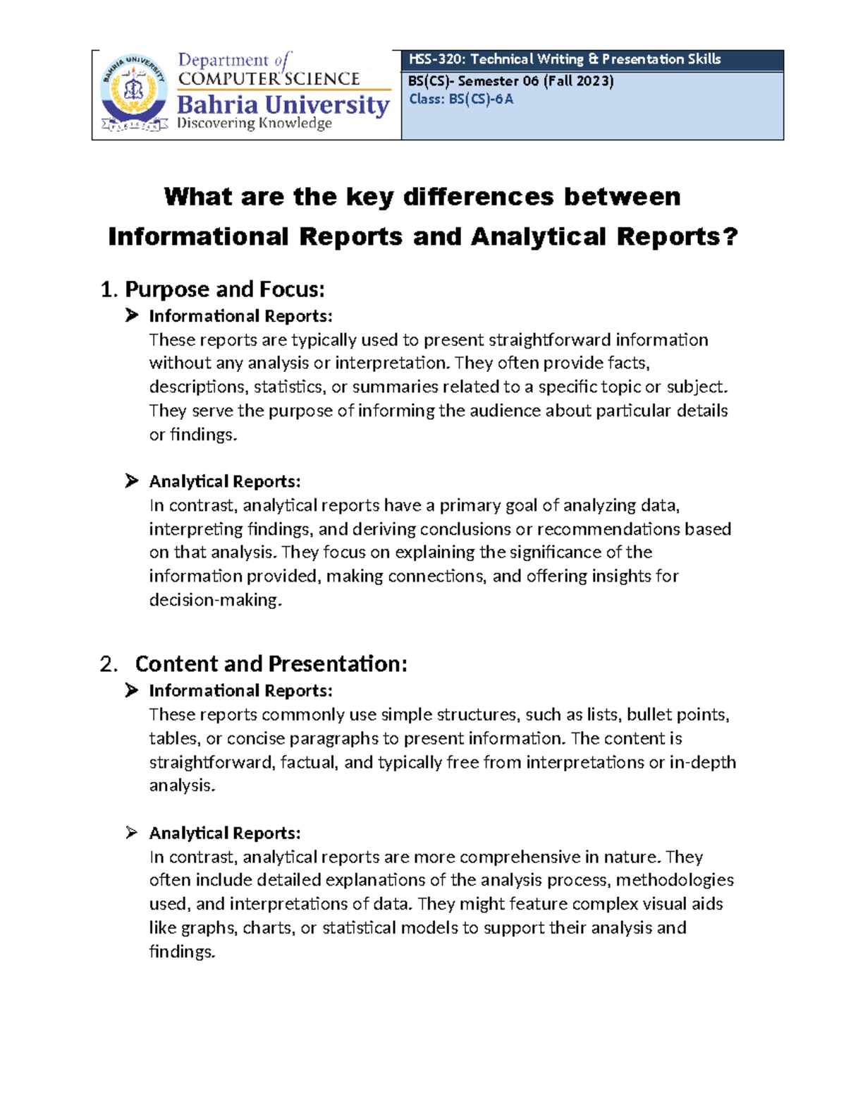 TW Assign 4 - Difference between Information Reports and Analytical ...