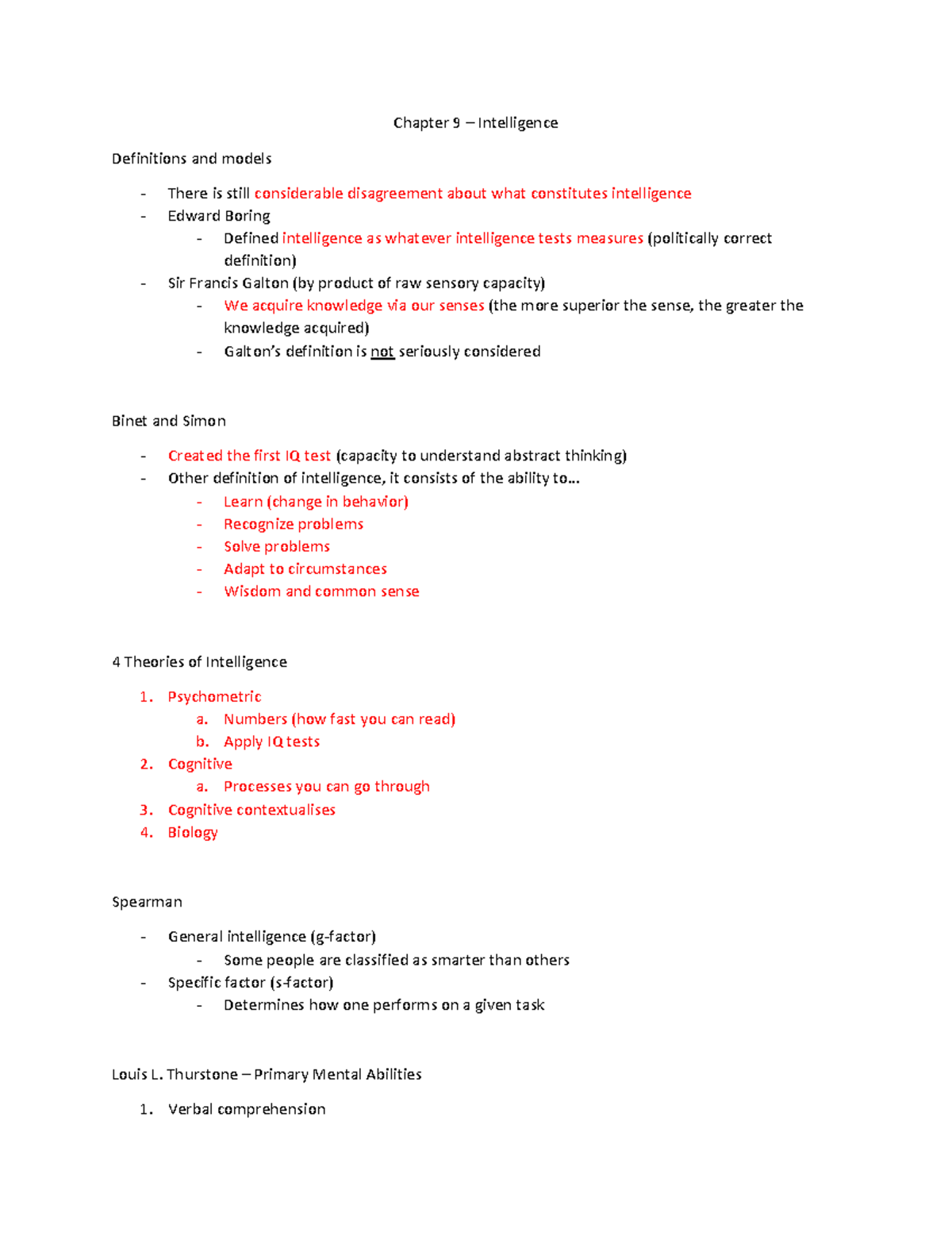 Lecture Notes, Lecture 9, 12-14 - Chapter 9 – Intelligence Definitions ...