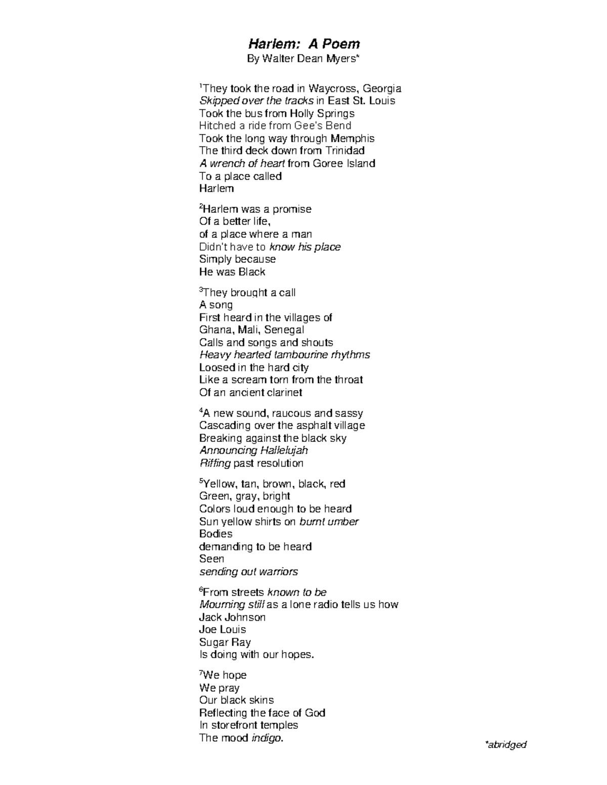 Harlem A Poem and Qs - Harlem: A Poem By Walter Dean Myers* 1 They took ...