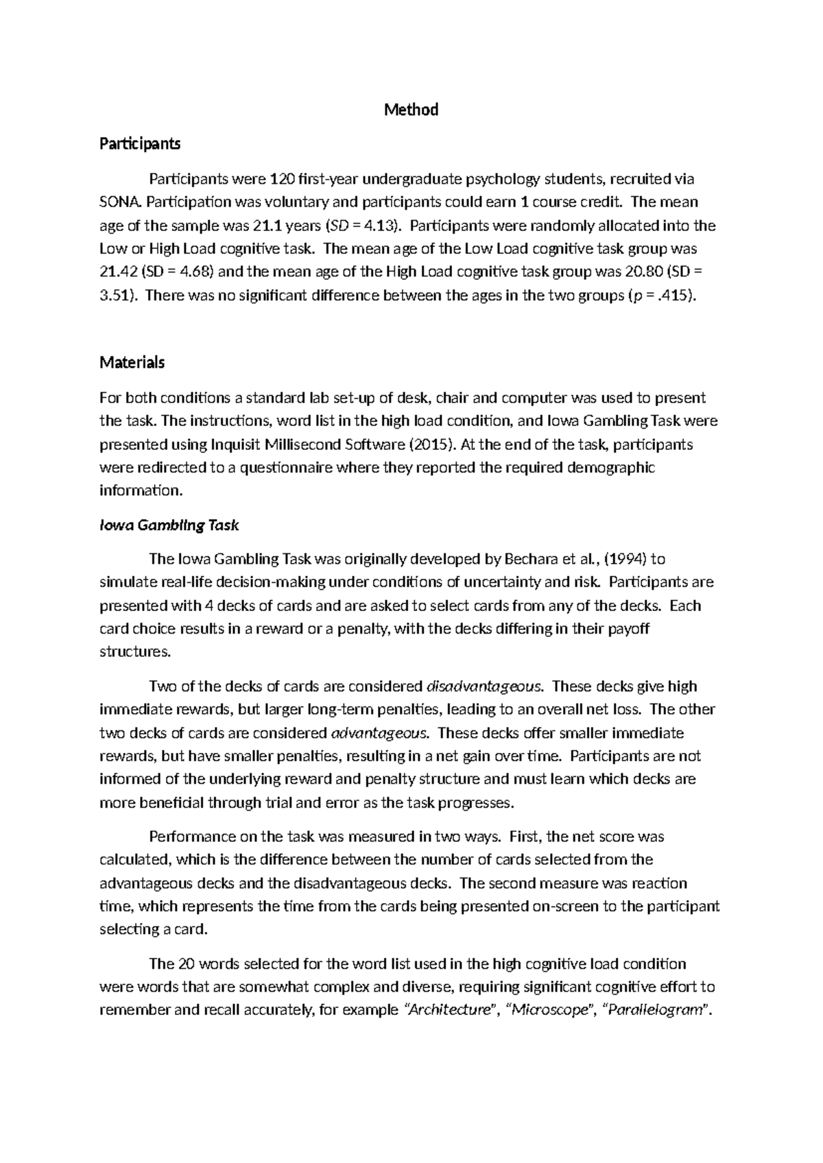 2006 PSY Student Lab Report Template 2024 - Method Participants Participants were 120 first-year ...