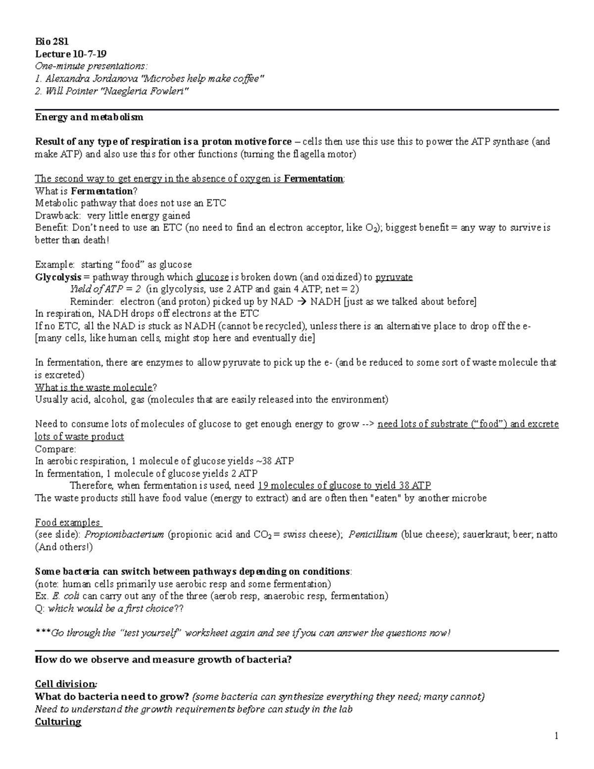 281Lecture Notes 10-7-19 - Bio 281 Lecture 10-7- One-minute ...