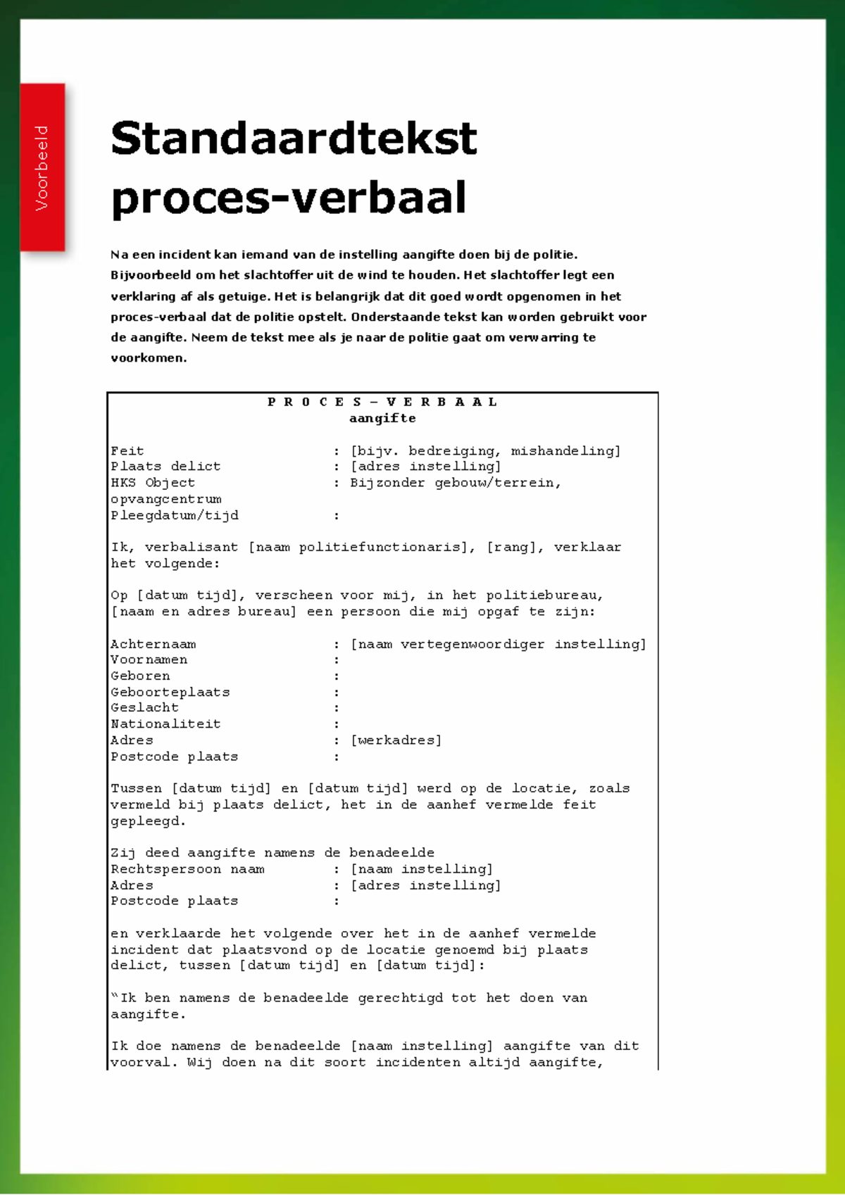 Proces Verbaal Voorbeeld - Voorbeeld Standaardtekst proces-verbaal Na ...