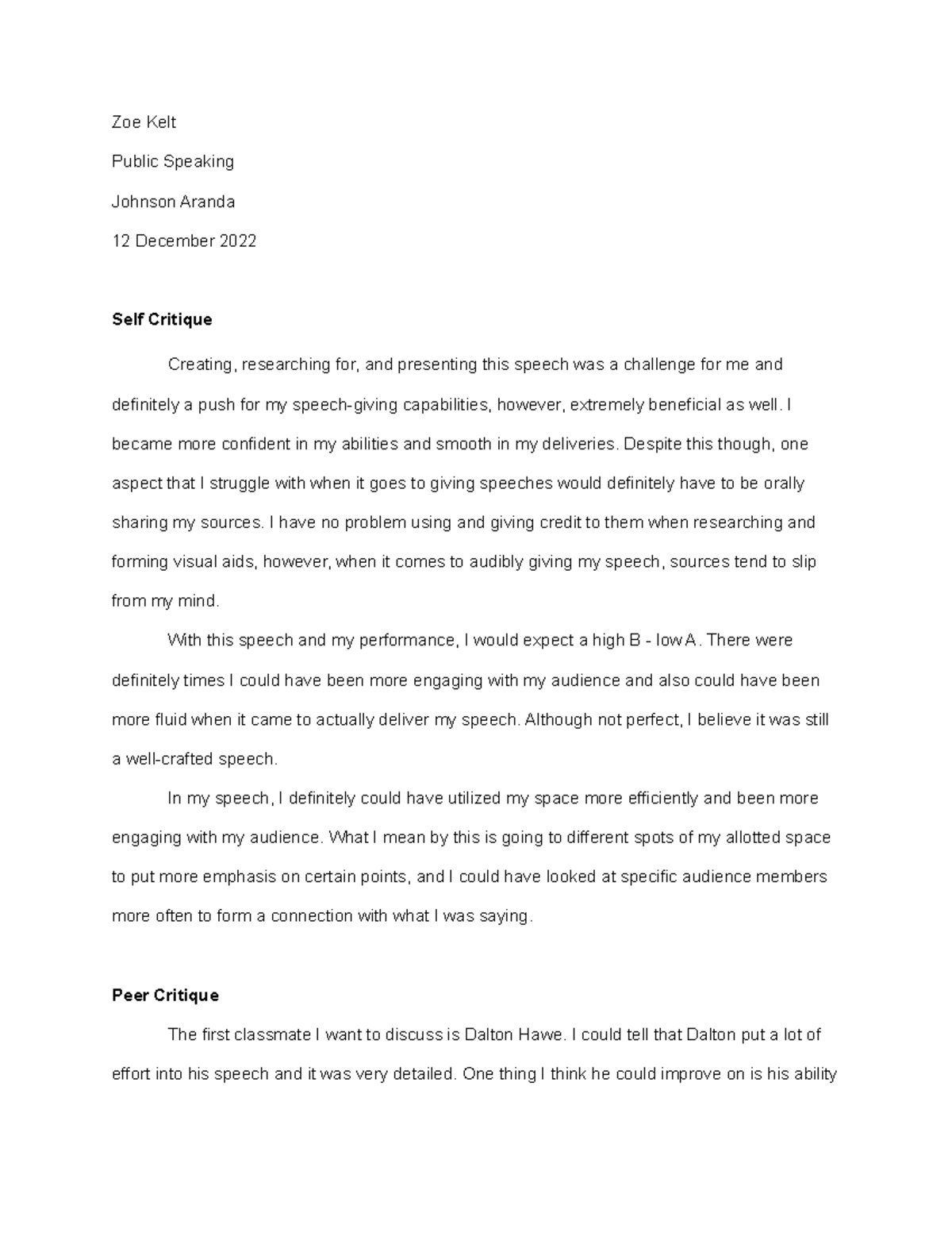 Self Peer Critique - communications assignment - Zoe Kelt Public ...