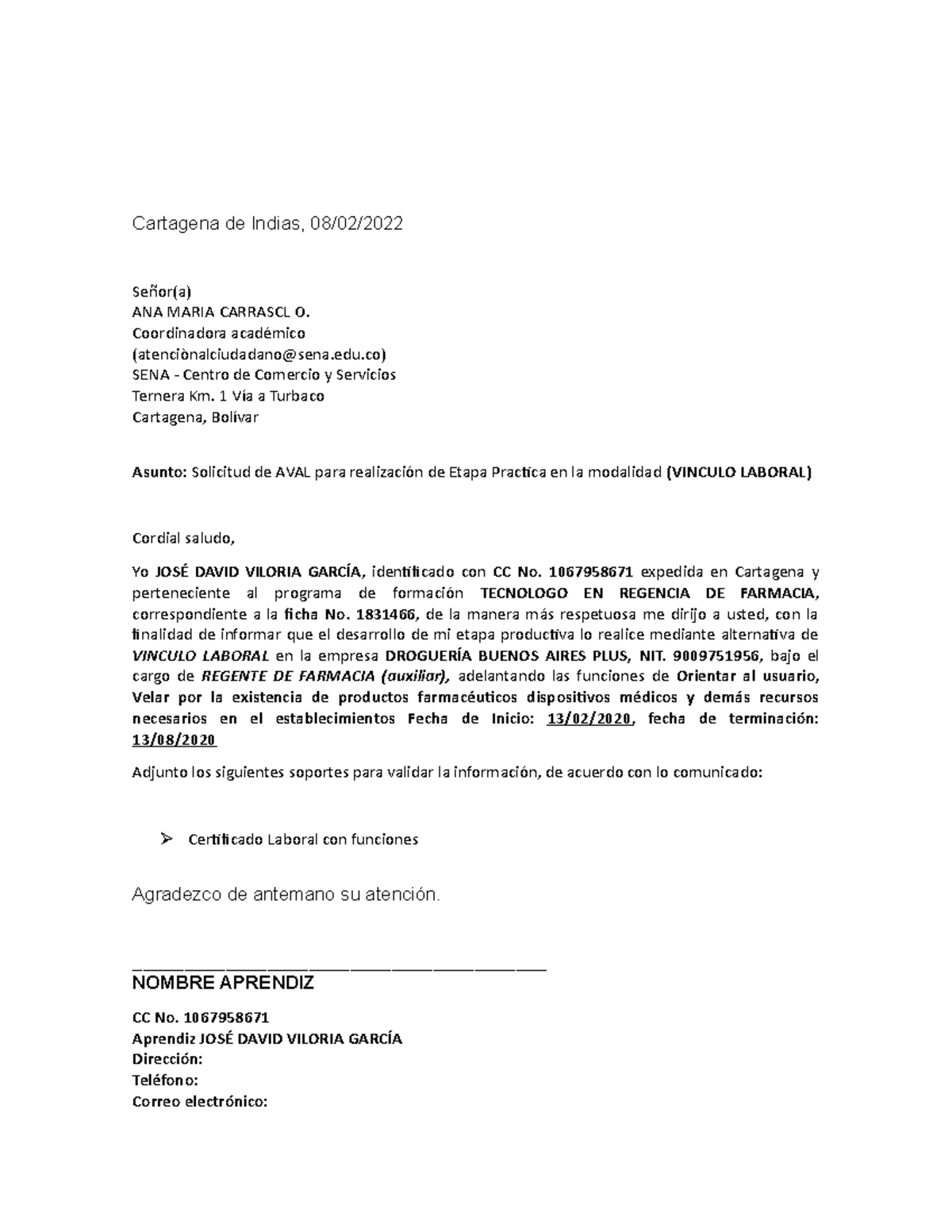 Modelo solicitud de Aval otra alternativa -Jose David Viloria - Cartagena de Indias, 08/02 ...