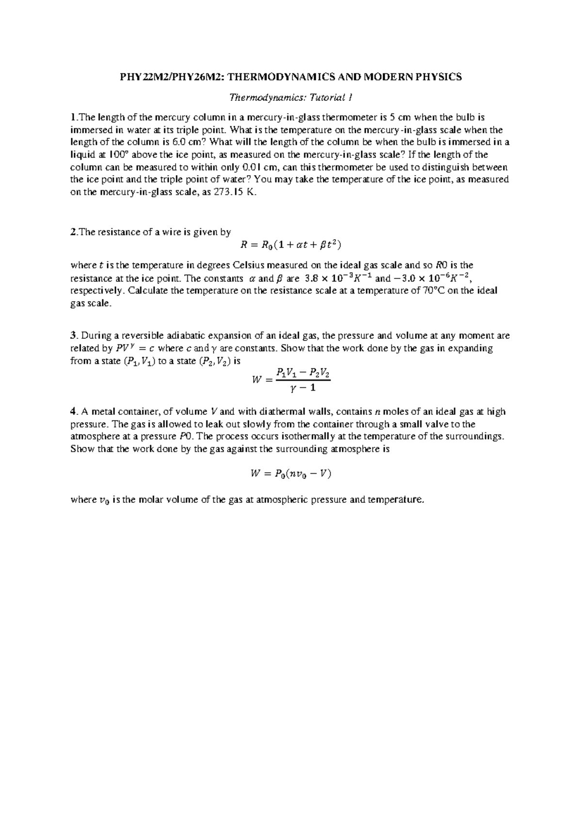 Tutorial 1 - PHY22M2/PHY26M2: THERMODYNAMICS AND MODERN PHYSICS ...