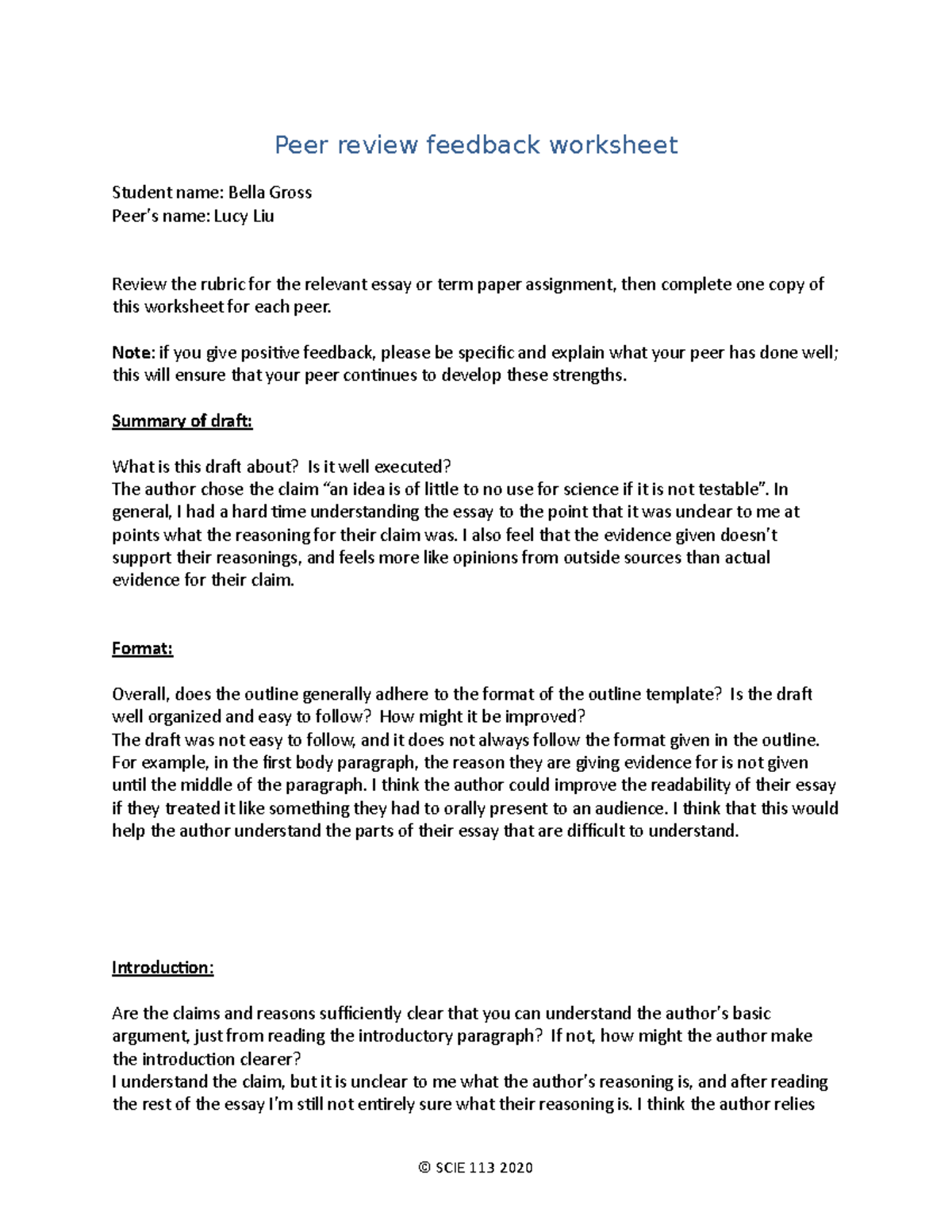 Worksheet Peer Review Feedback 2020W1 - Peer review feedback worksheet ...