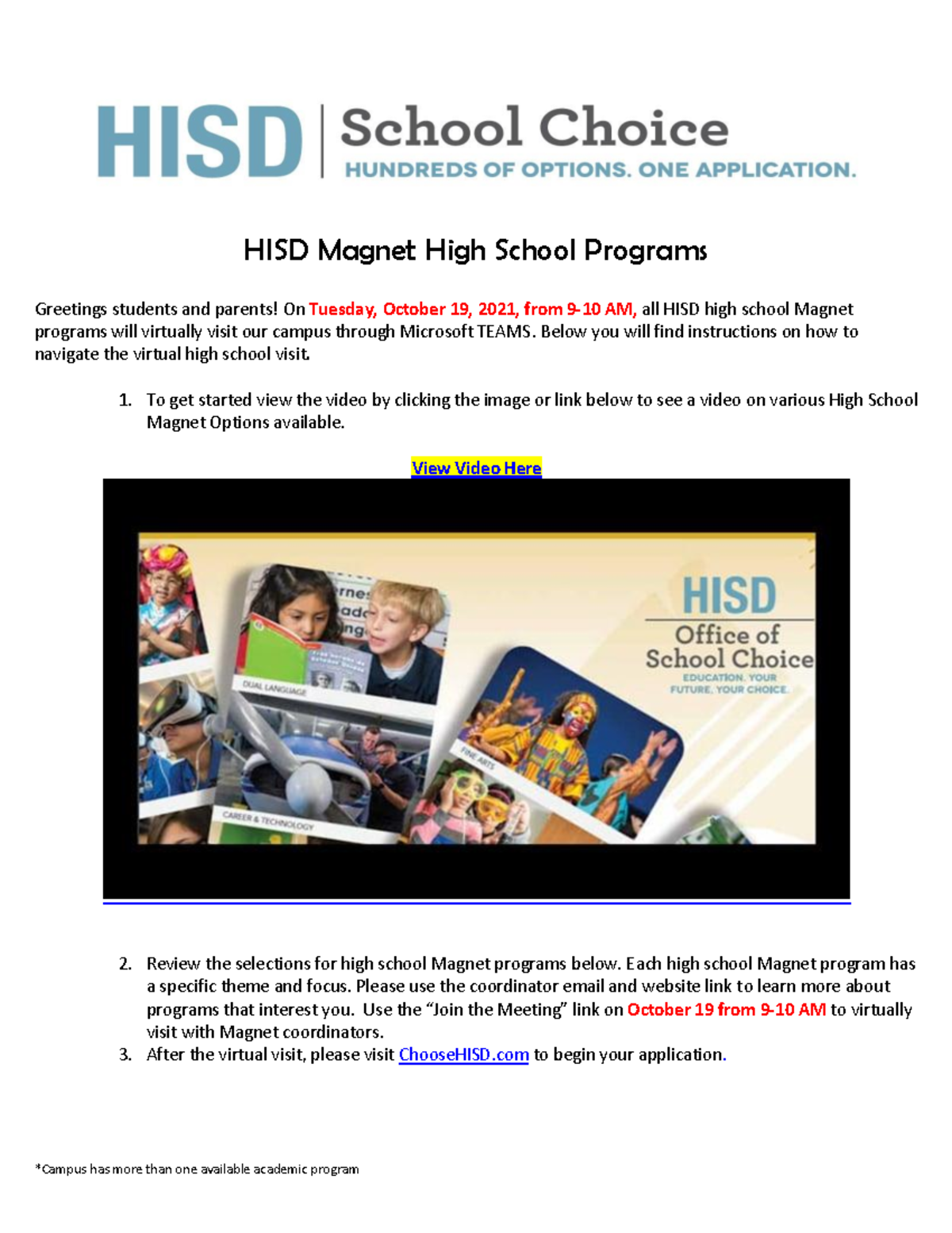 HISD Magnet High School Programs information WITH teams links 21-22 ...