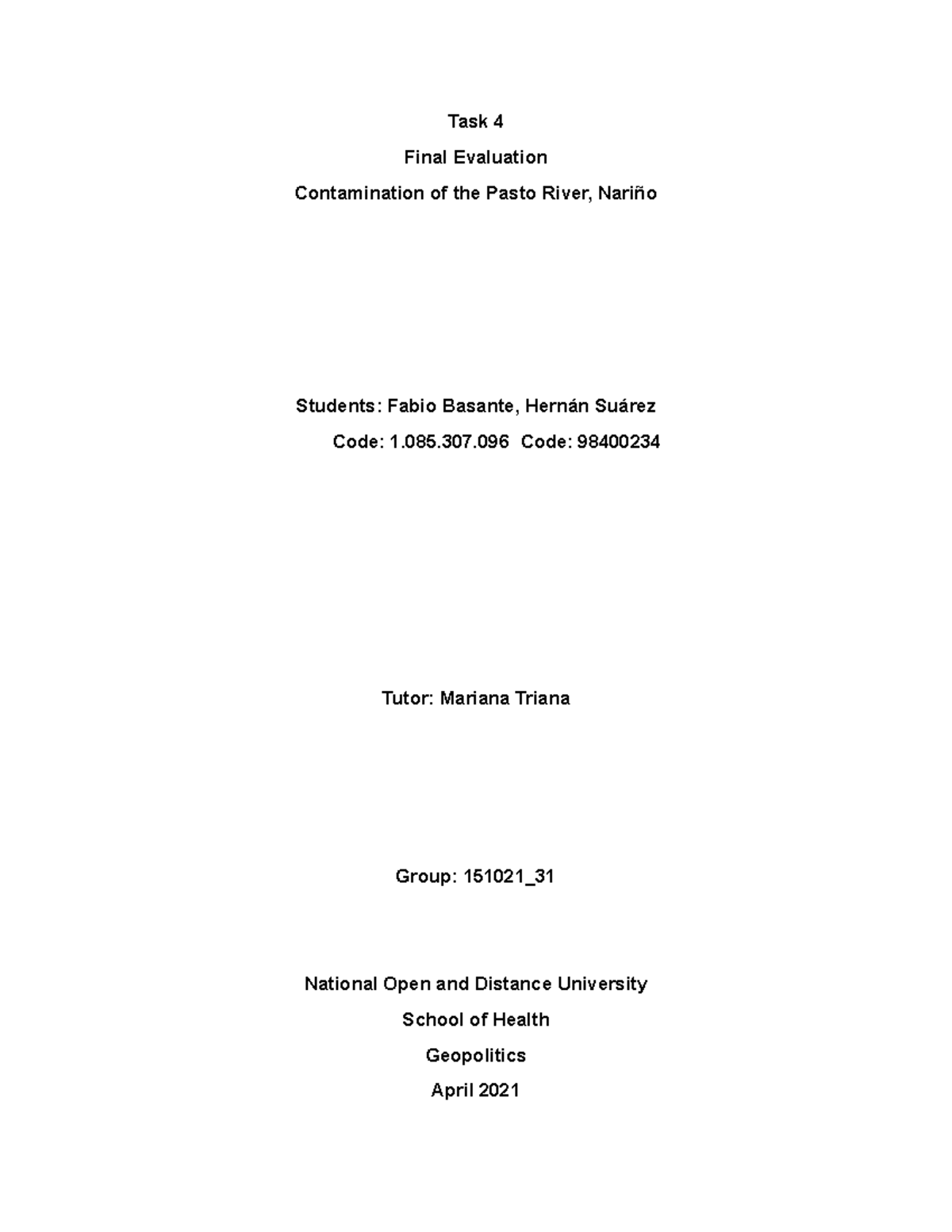 Task 4 evalución final - Trabajos de grado - Task 4 Final Evaluation Contamination of the Pasto ...
