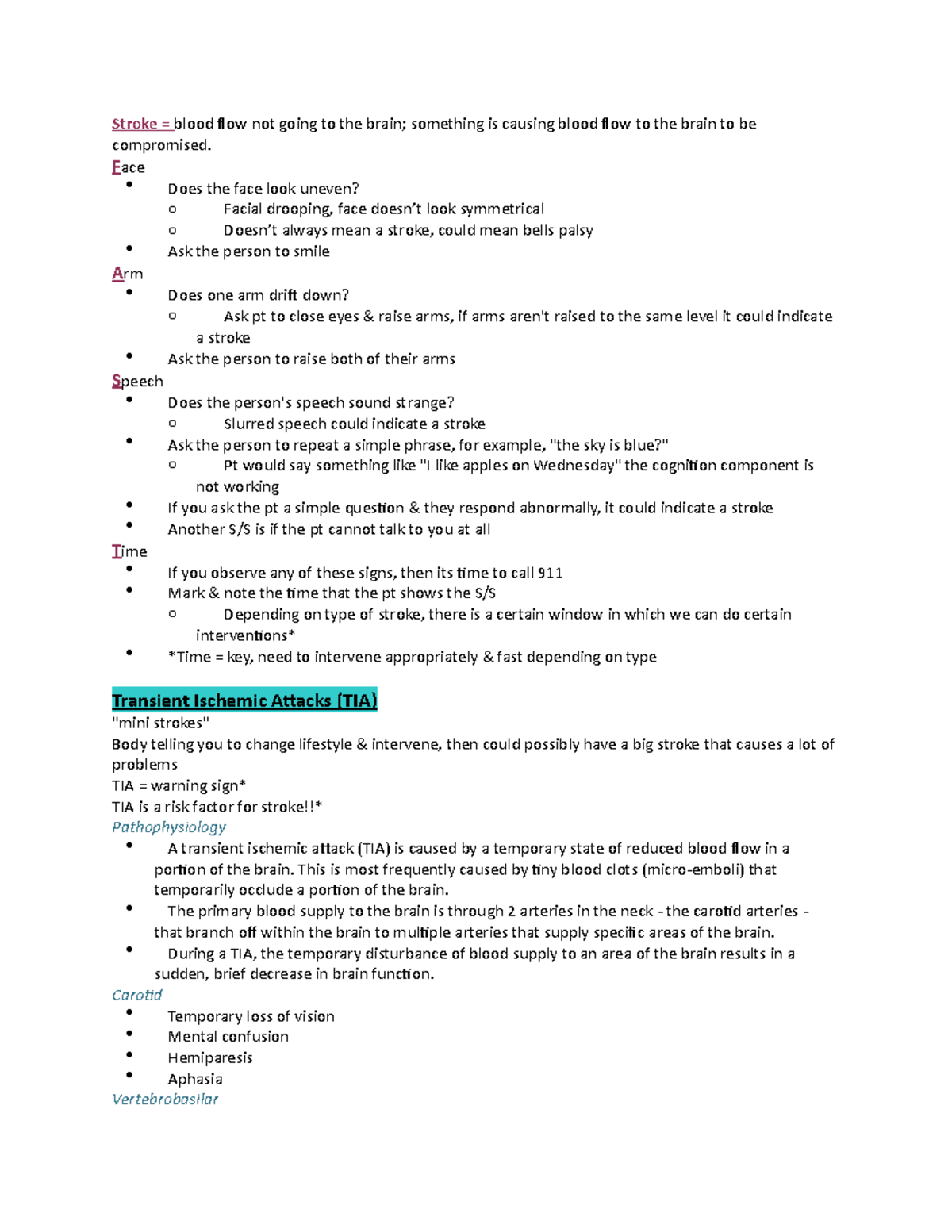 Stroke Lecture Notes - Stroke = blood flow not going to the brain ...