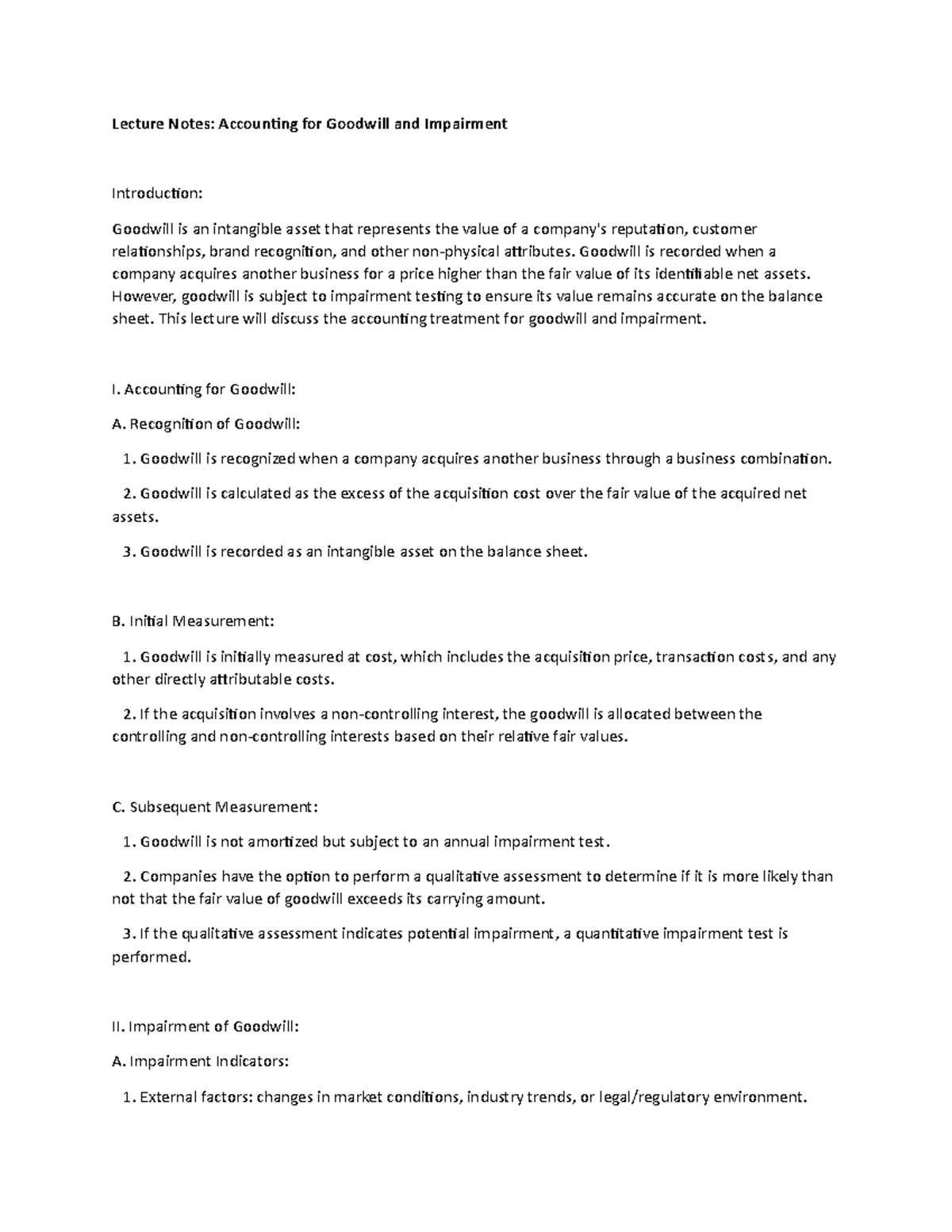 Lecture Notes: Accounting for Goodwill and Impairment - Lecture Notes ...