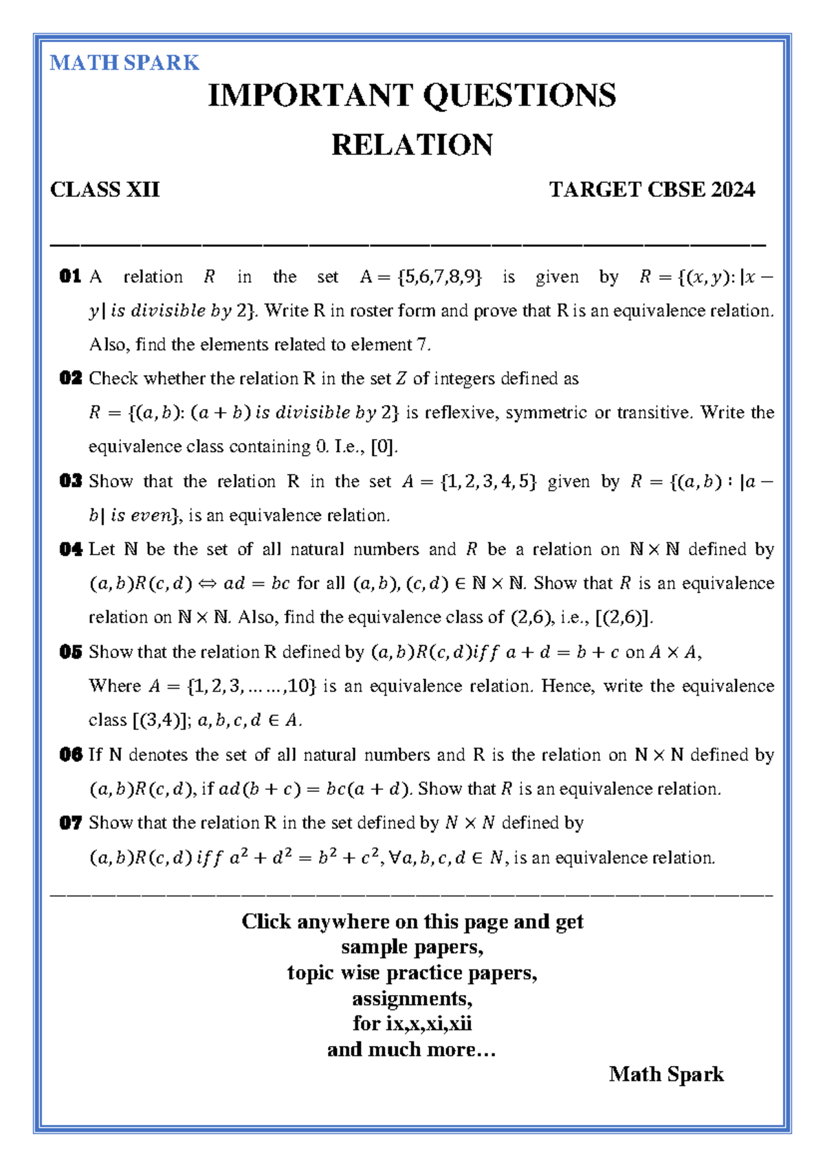 IMP Questions Relation- Function-1 - MATH SPARK IMPORTANT QUESTIONS ...