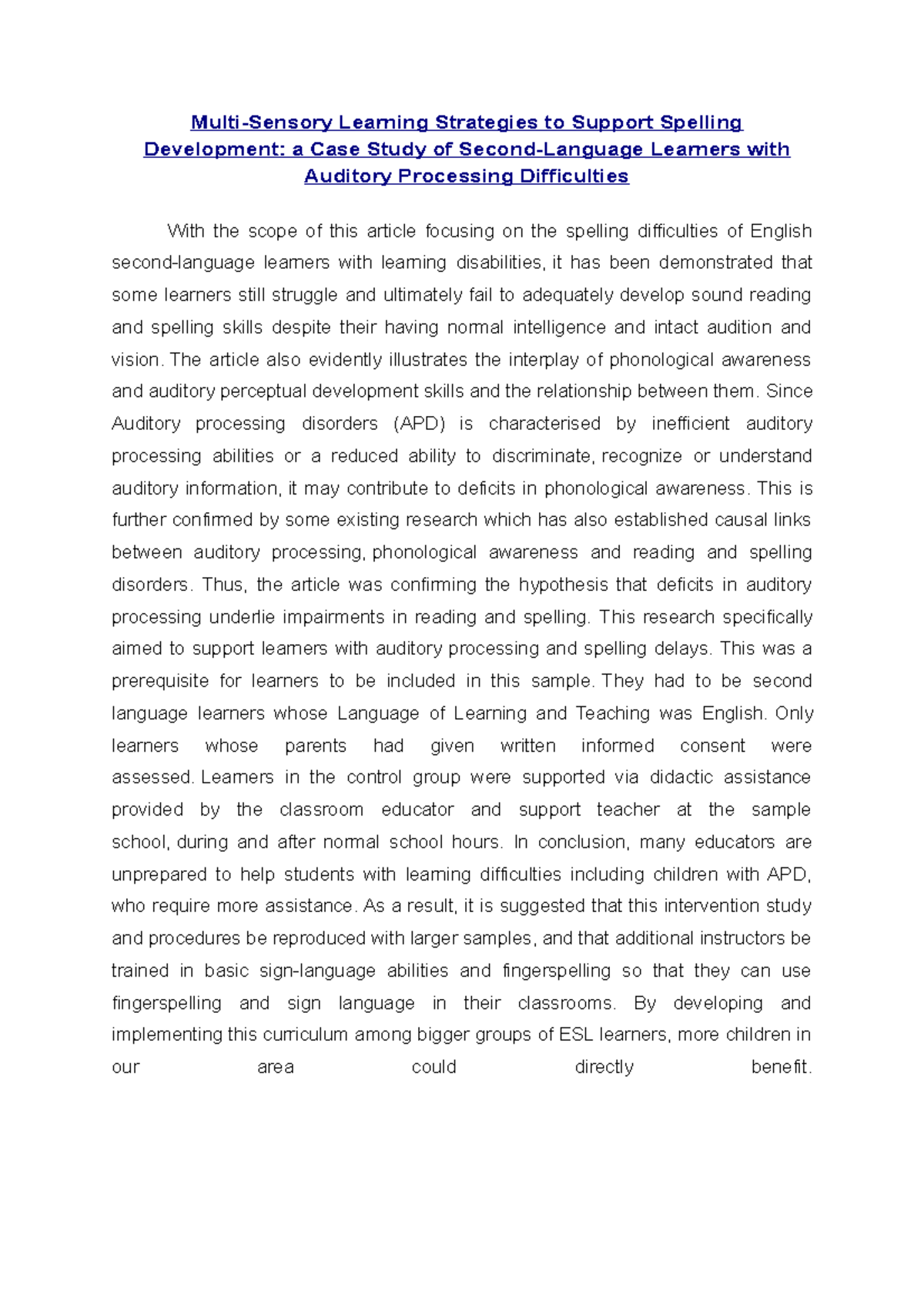 Article Summary - Multi-Sensory Learning Strategies to Support Spelling ...