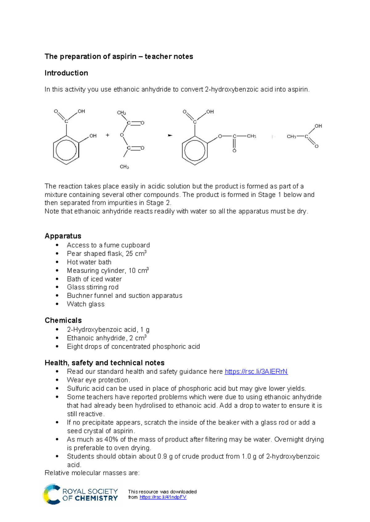 Thepreparationofaspirinteachernotes 444844 - The preparation of aspirin ...