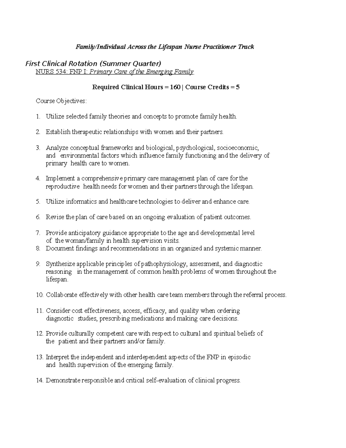 NURS 534, 535, 537, 538: FNP Course Objectives Summary - Family ...