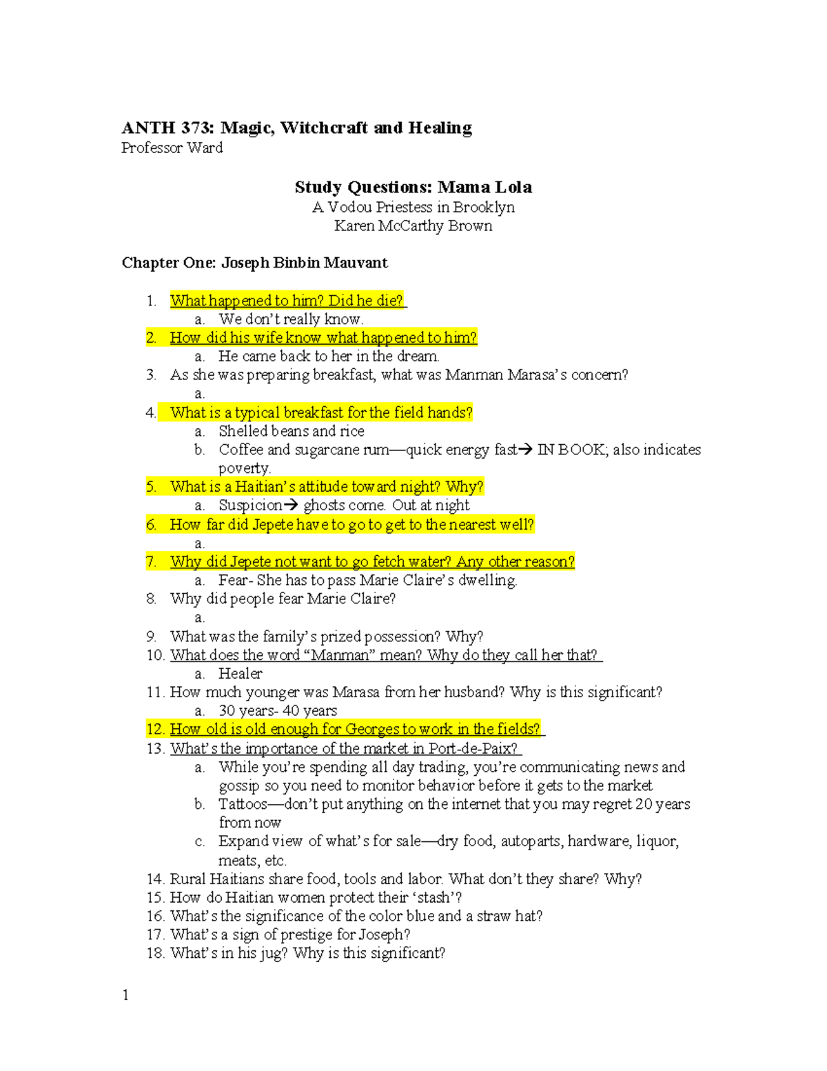 Study Questions Brown - ANTH 373: Magic, Witchcraft and Healing ...