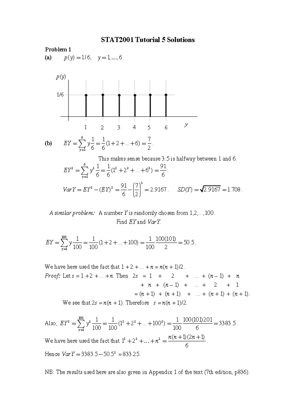 Soln05 - Tutorial Solutions - STAT2001 Tutorial 5 Solutions (a) py () 1/6,== y 1, ,6.... p ( y ...
