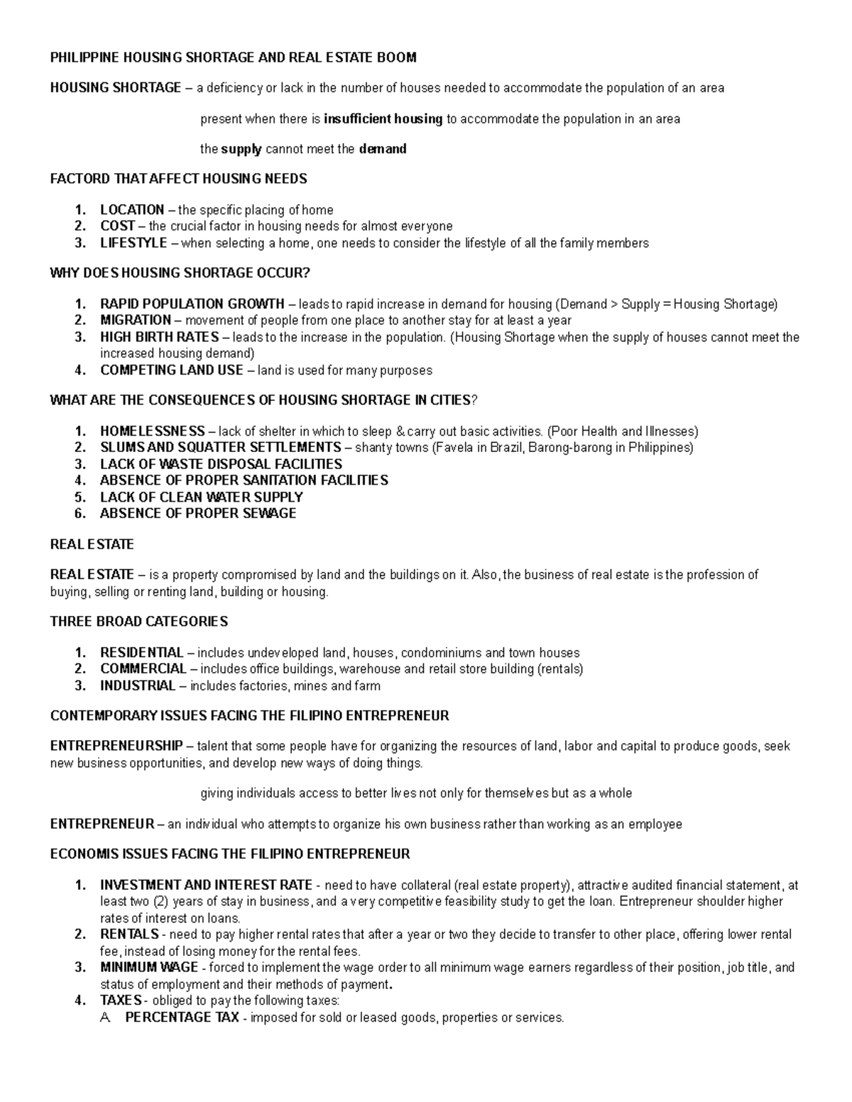 Lesson 3 Economics Lecture For SHS PHILIPPINE HOUSING SHORTAGE AND 