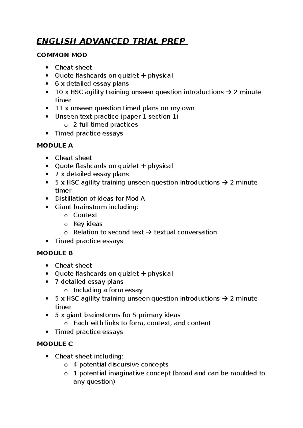 trial prep checklist - ENGLISH ADVANCED TRIAL PREP COMMON MOD Cheat ...