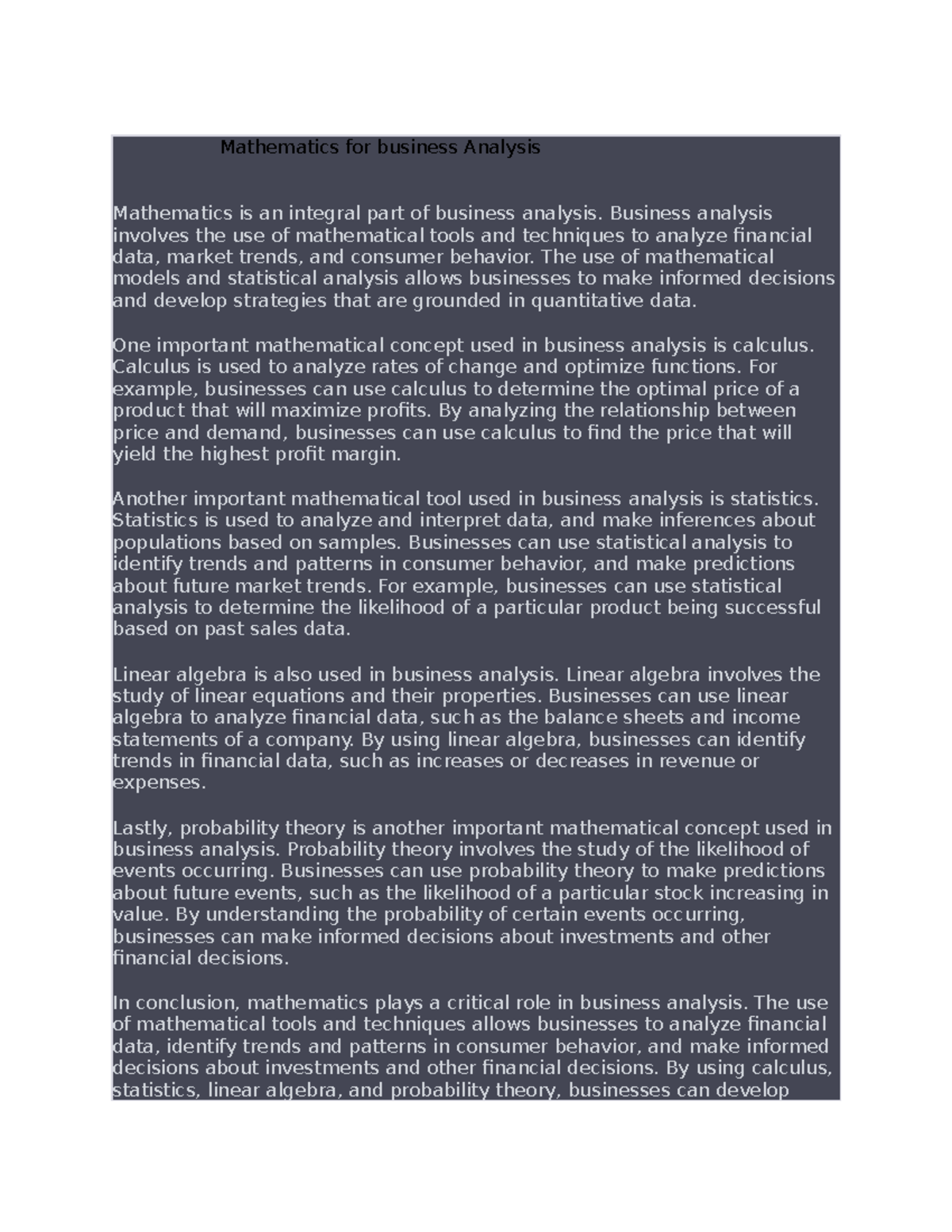 Mathematics FOR Business Analysis - Mathematics for business Analysis ...