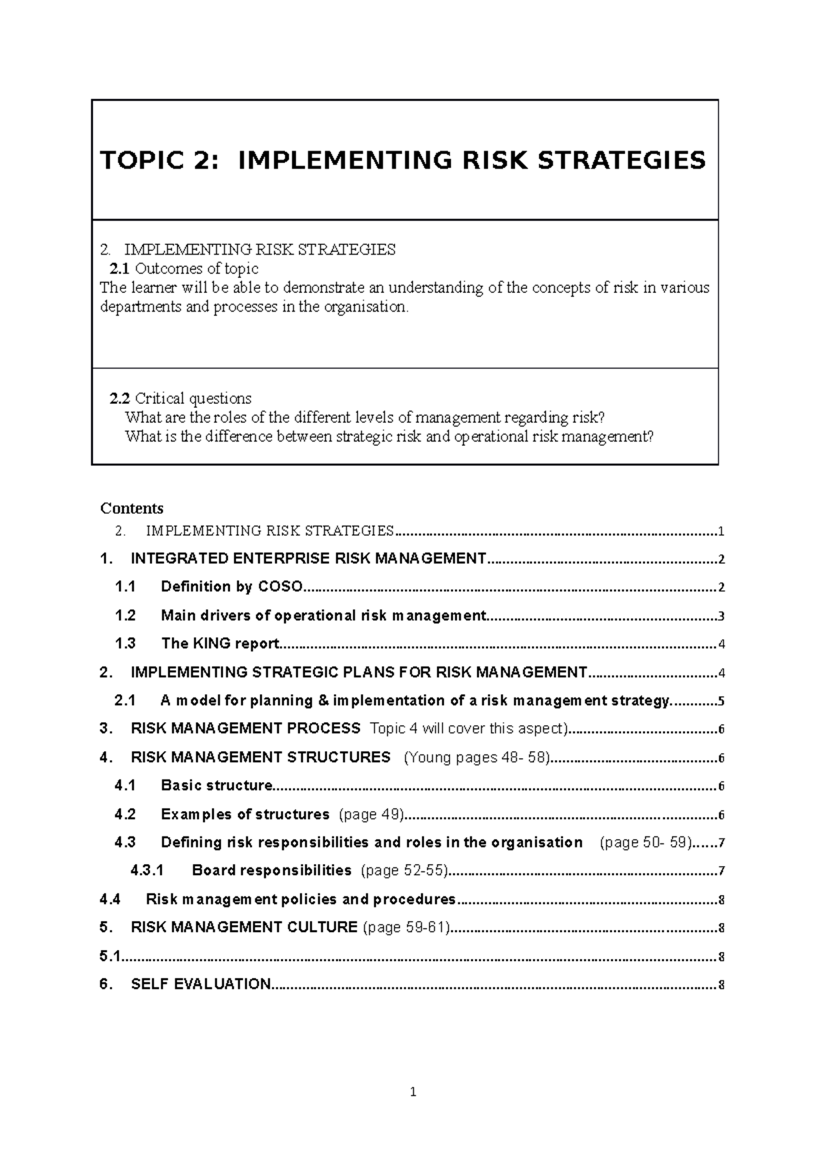 Implementing risk strategies - TOPIC 2: IMPLEMENTING RISK STRATEGIES 2 ...