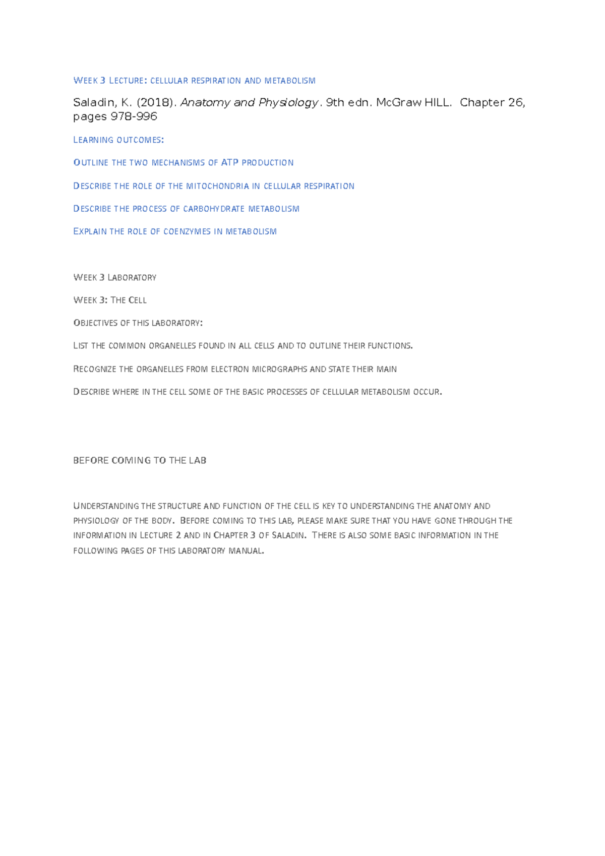 Week 3 Lecture Notes Week 3 Lecture Cellular Respiration And Metabolism Saladin K