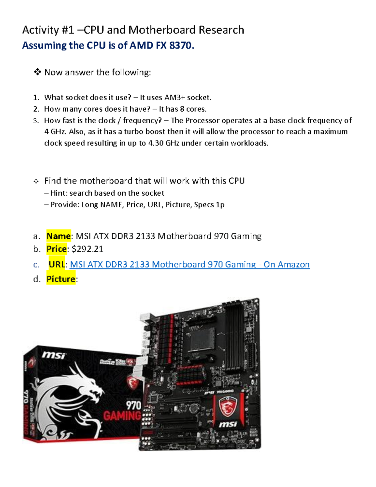Week 4 - Activity #1 –CPU & motherboard Research - Activity #1 – CPU ...