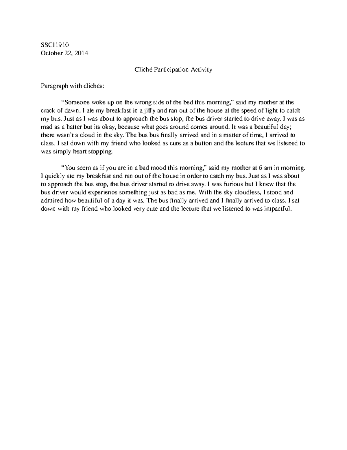 Cliche Participation Activity - SSCI October 22, 2014 Cliché ...