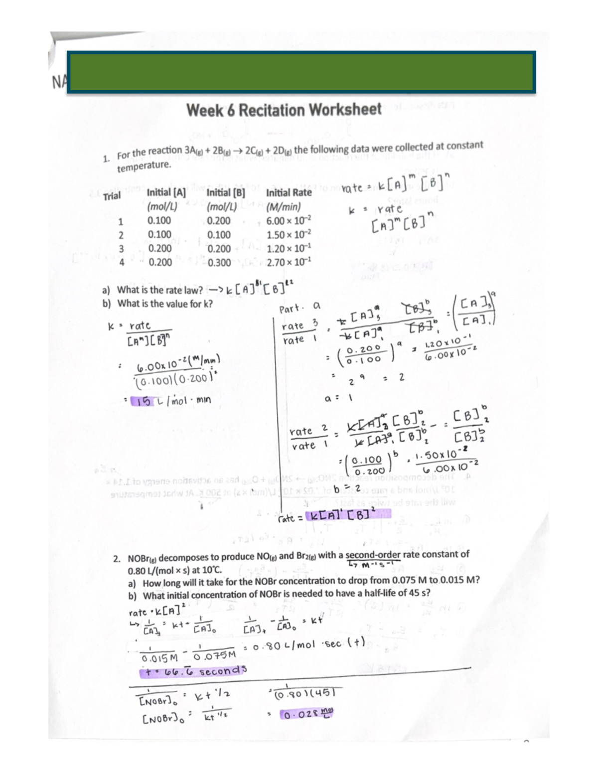 Week 6 Recitation Worksheet - CHEM1041 - Studocu