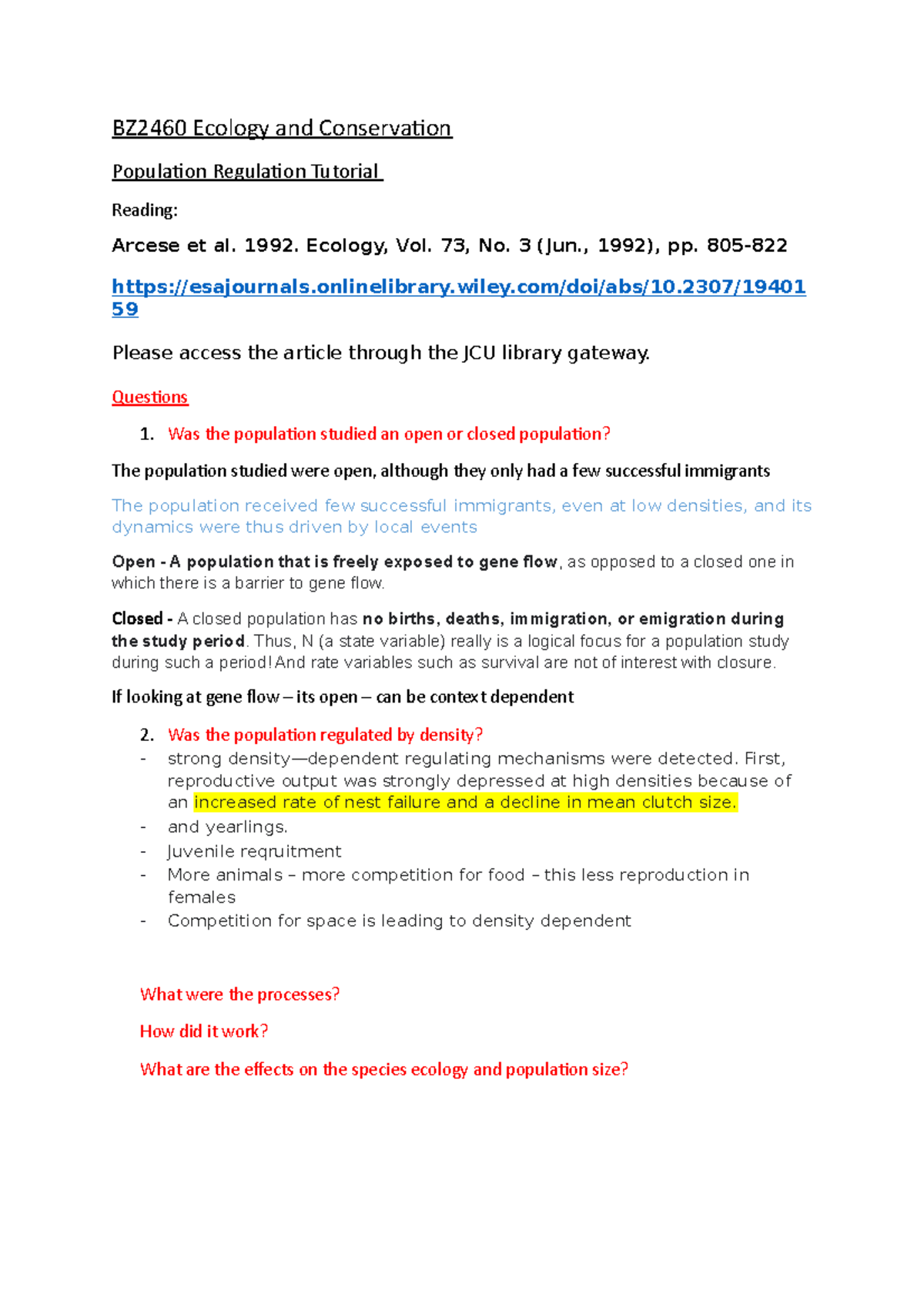 Week 5 tutorial questions - BZ2460 Ecology and Conservation Population ...