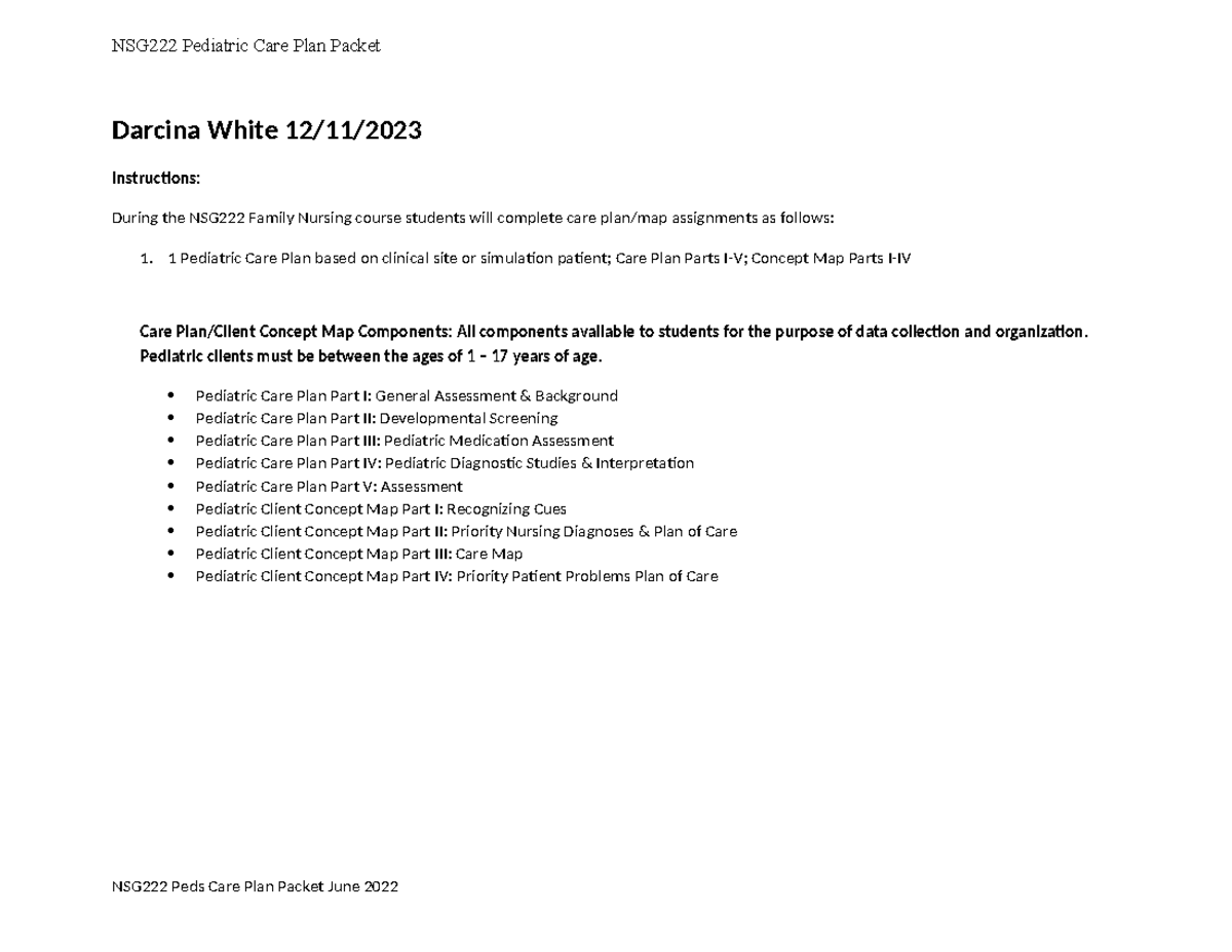 Ped Care Plan Packet-1 - Careplan - Darcina White 12/11/ Instructions ...