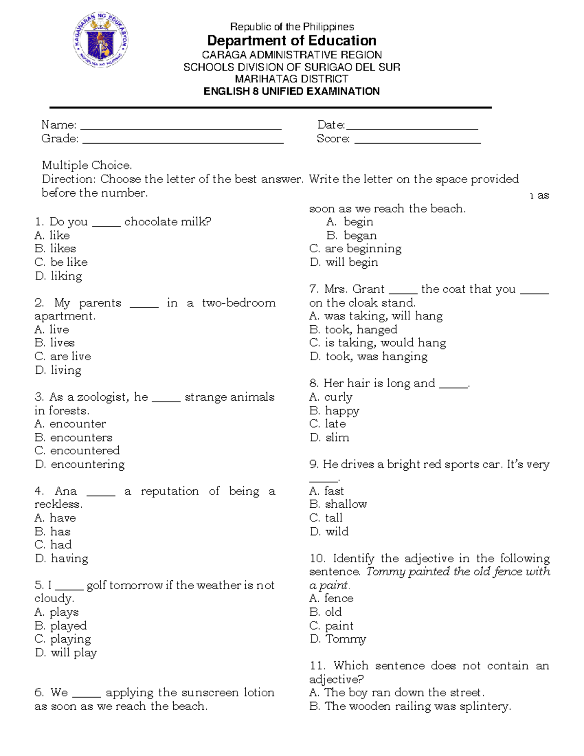 1st Quarter English - ASSESSMENT - Department of Education CARAGA ...