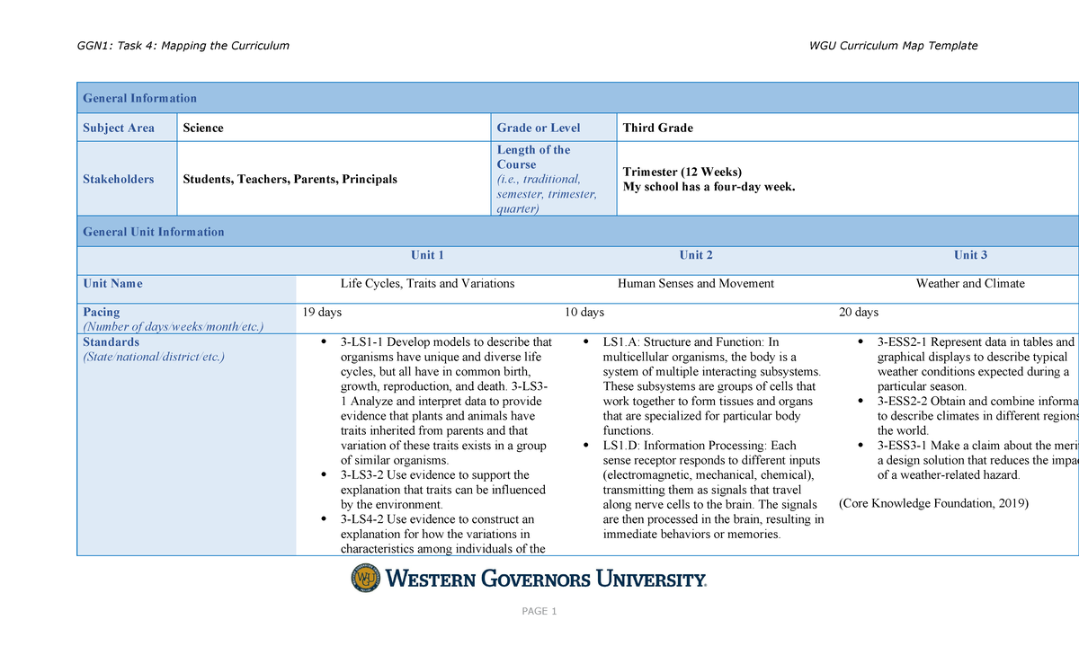 D630 Task 4 Curriculum Map - General Information Subject Area Science ...