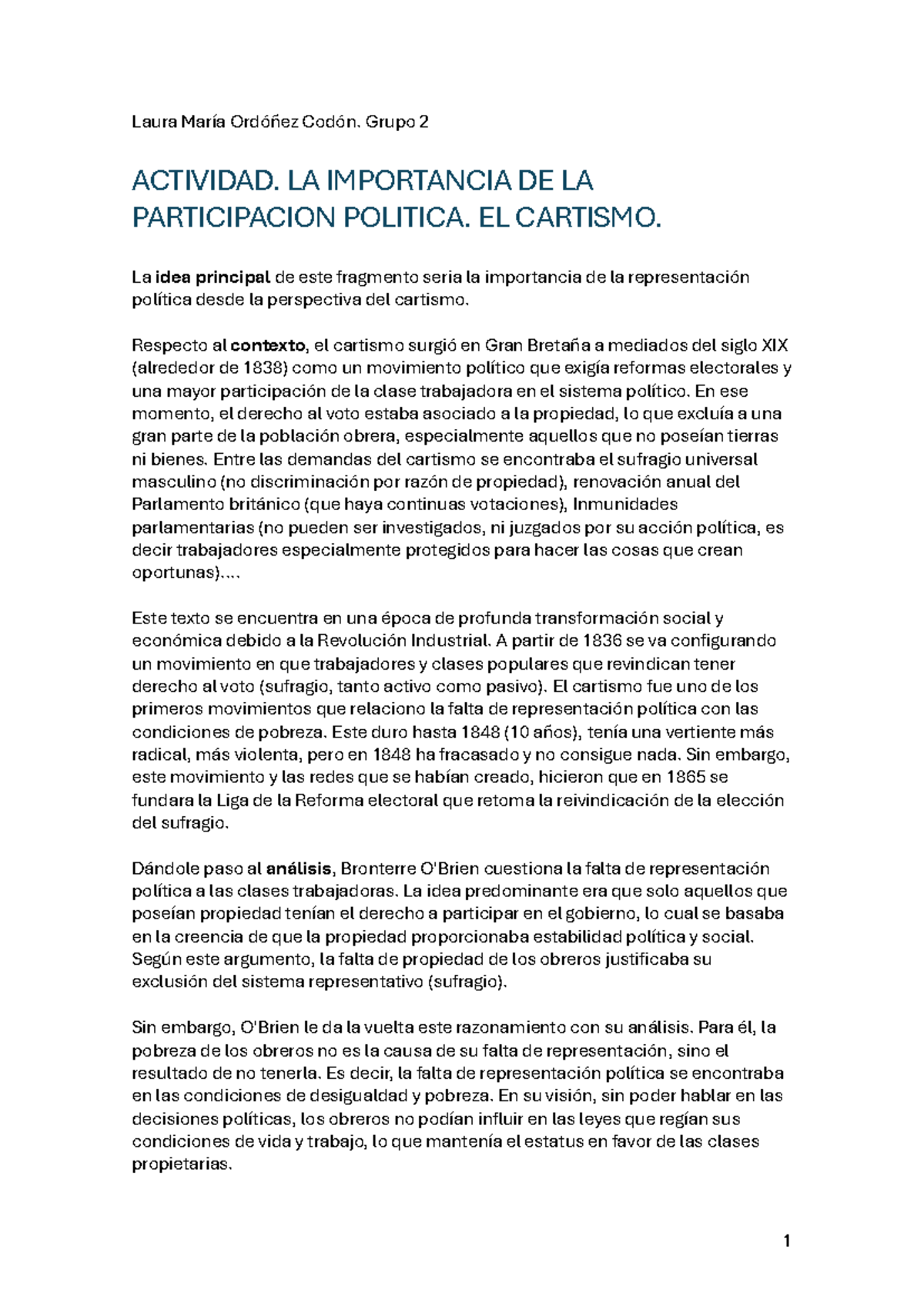 Actividad. EL Cartismo - 1 Laura María Ordóñez Codón. Grupo 2 ACTIVIDAD ...