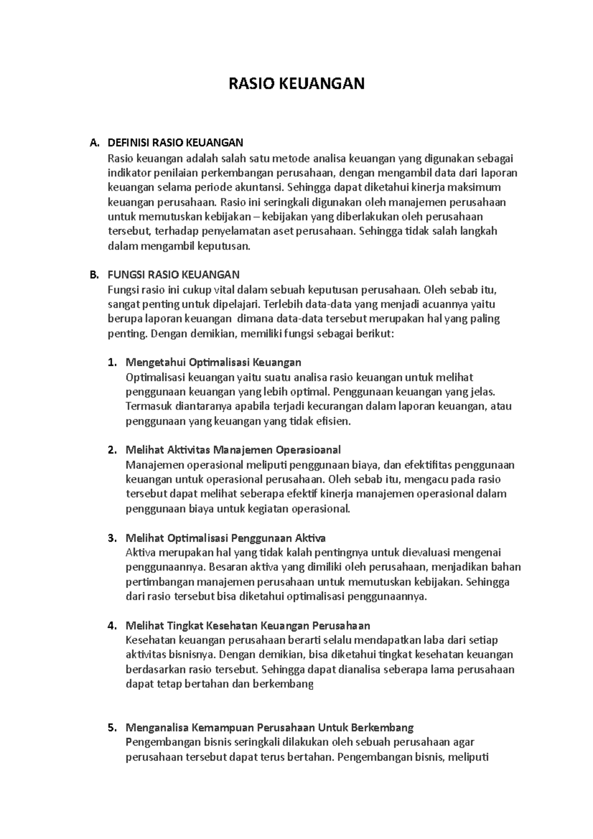 Rasio Keuangan - RASIO KEUANGAN A. DEFINISI RASIO KEUANGAN Rasio ...