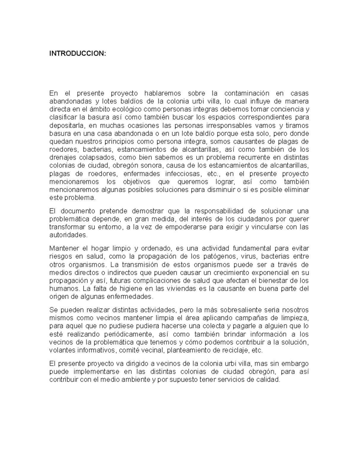 Proyecto mejora ecologico 18-02-23 - INTRODUCCION: En el presente ...