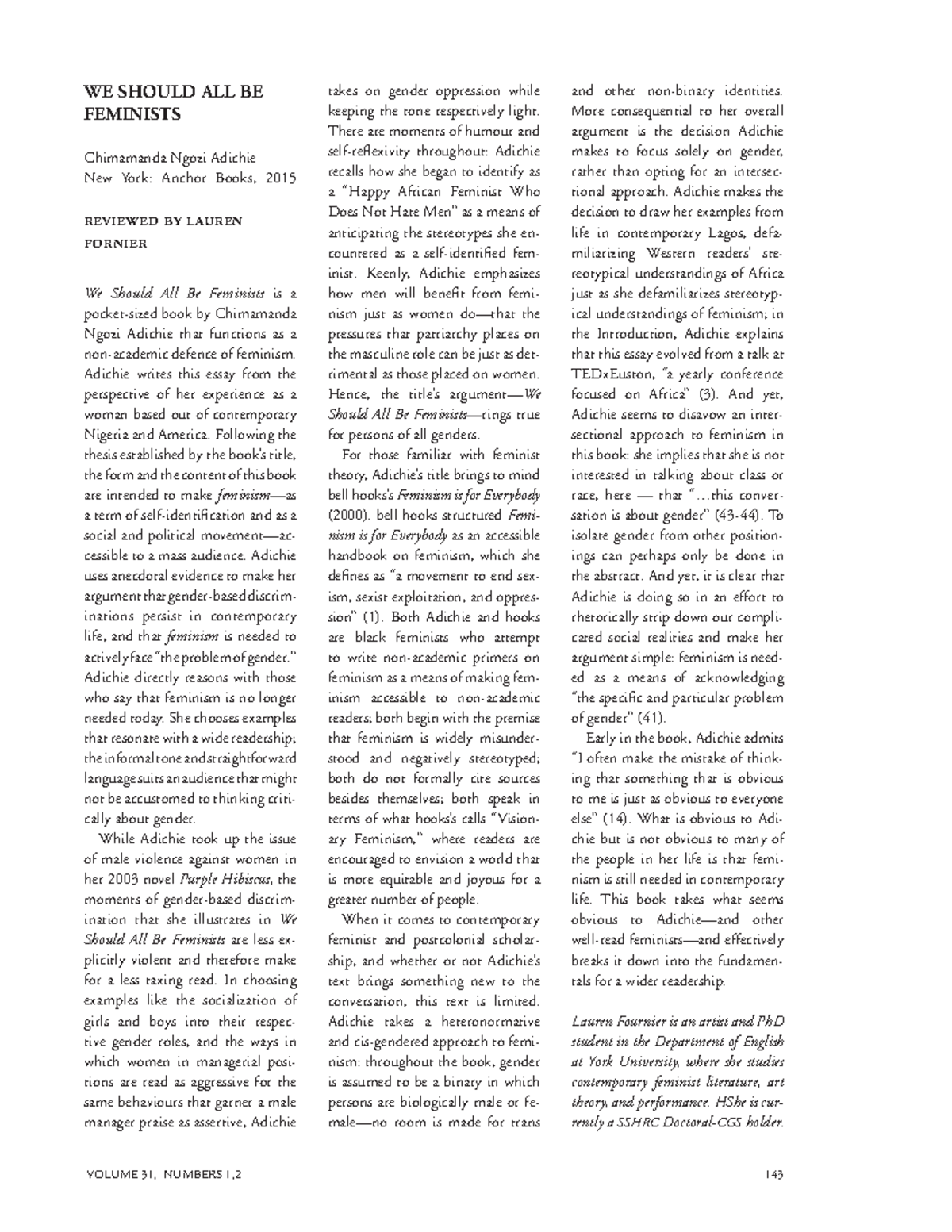 We should all be feminists analysis - VOLUME 31, NUMBERS 1,2 143 WE ...