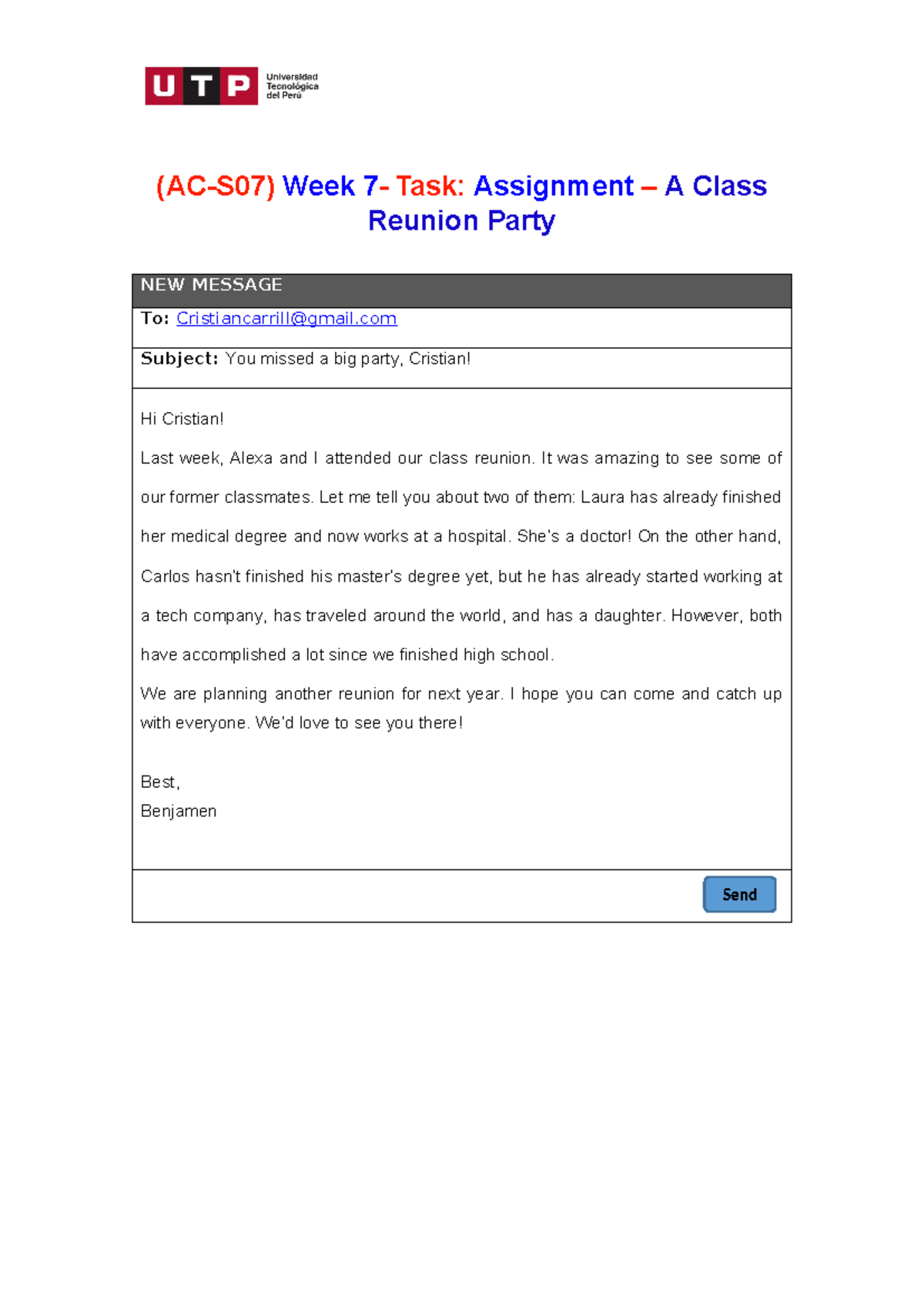 Ingles IV Task07 - (AC-S07) Week 7- Task: Assignment – A Class Reunion Party - (AC-S07) Week 7 ...