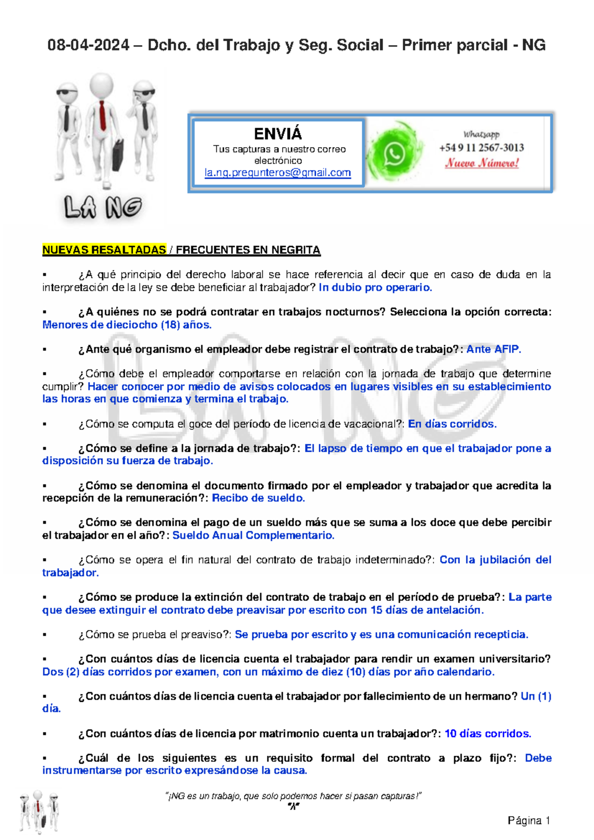 08-04-2024 – Dcho. del Trabajo y Seg. Social – Primer parcial - NG - “¡NG es un trabajo, que ...