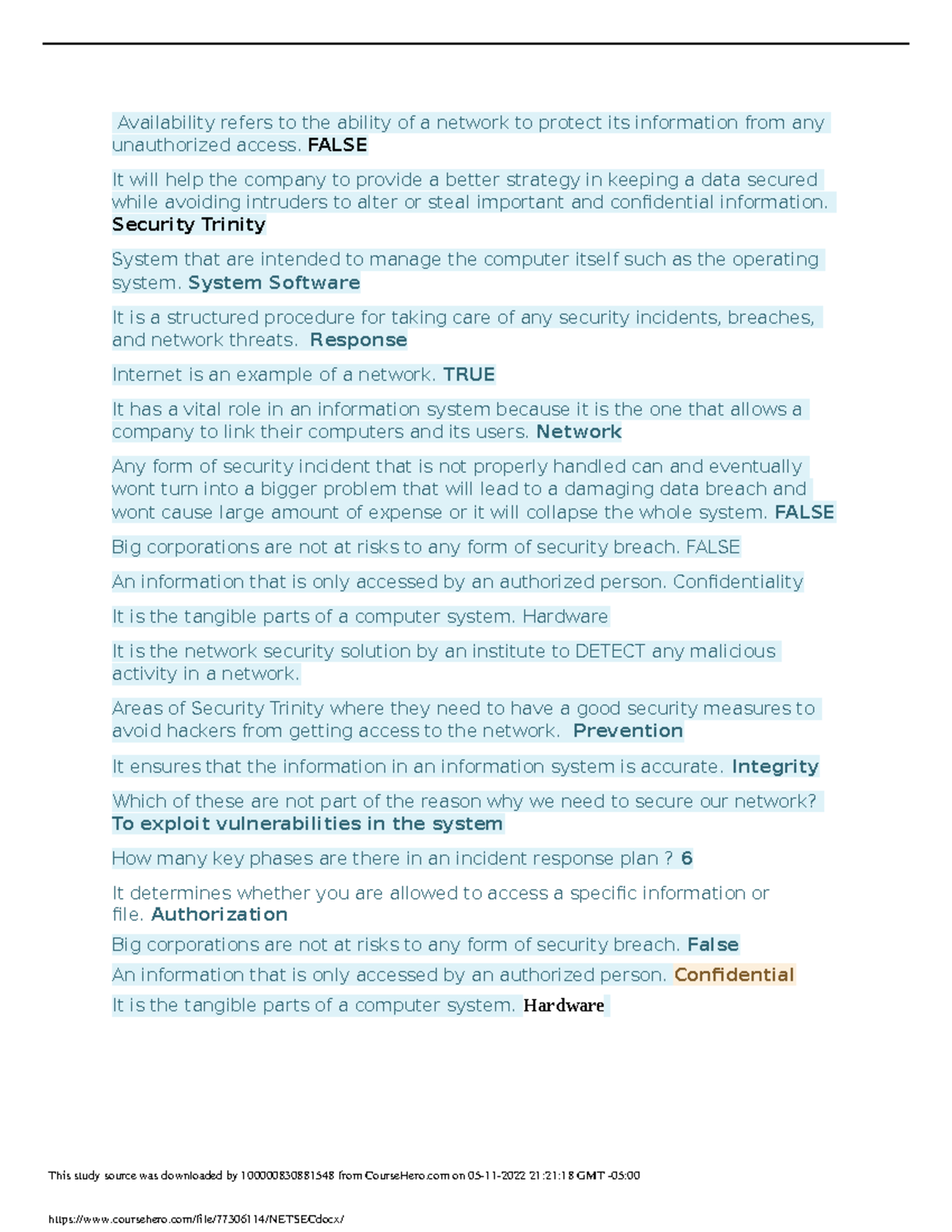 Netsec Prelim AMA University - Availability refers to the ability of a network to protect its ...