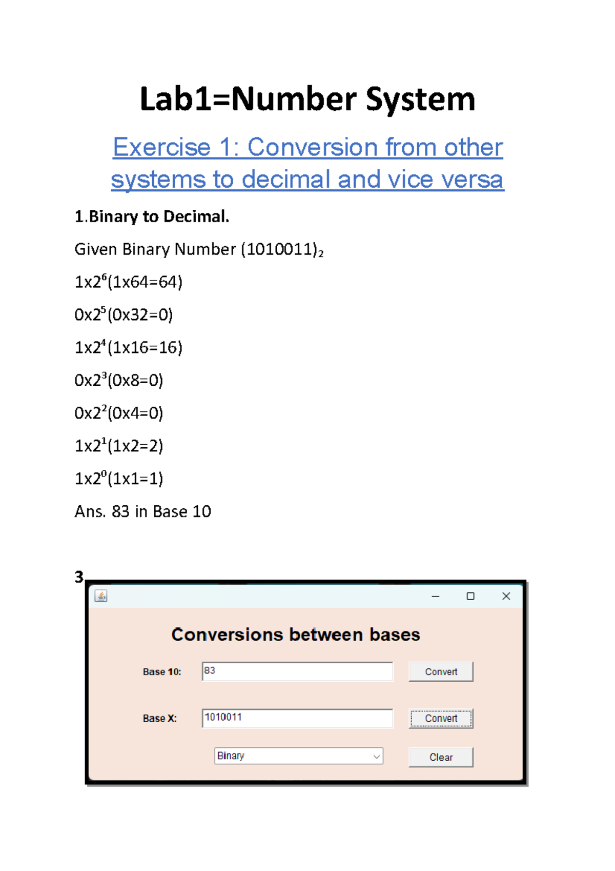 Lab1 - its about lab 1 - Lab1=Number System Exercise 1: Conversion from other systems to decimal ...