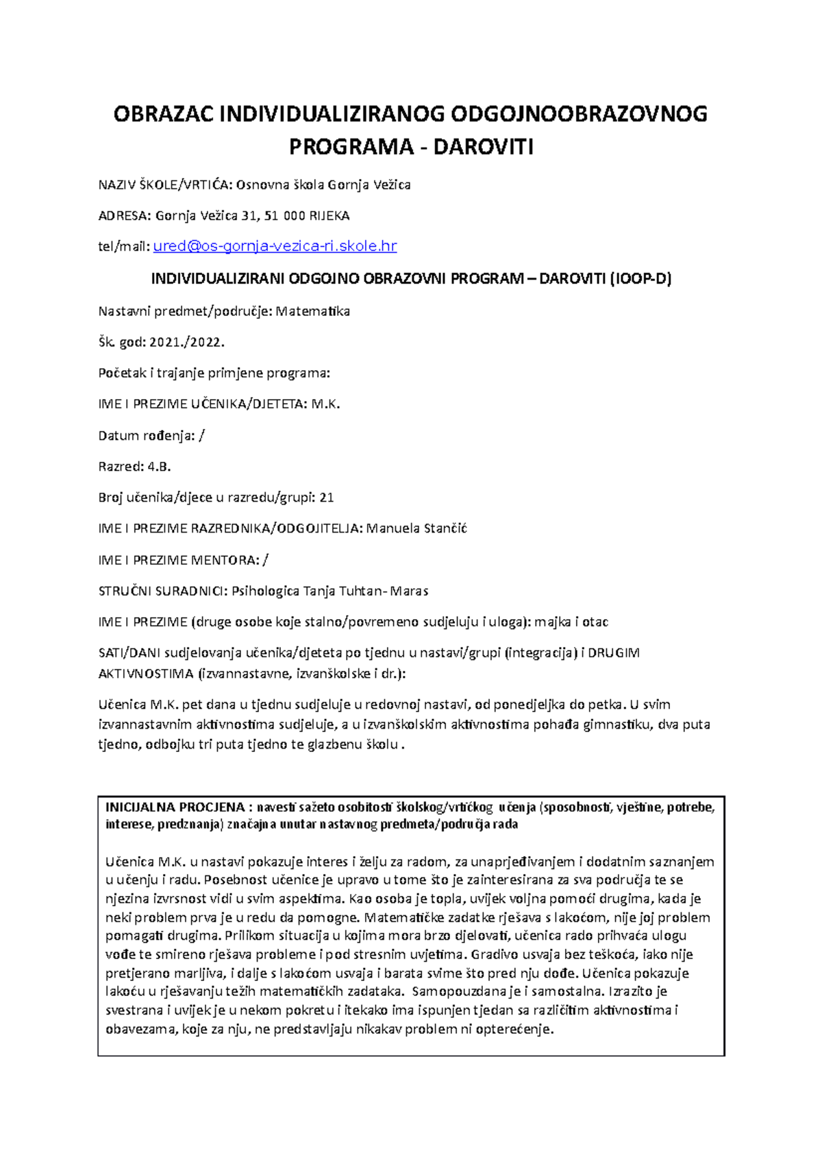 Obrazac Individualiziranog Odgojnoobrazovnog Programa Katić - OBRAZAC ...